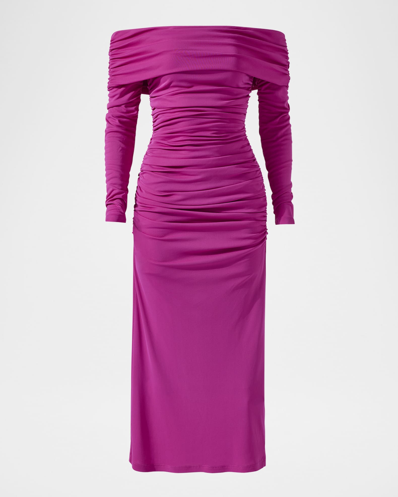 Carolina Herrera Off-The-Shoulder Long-Sleeve Ruched Midi Dress | Neiman Marcus