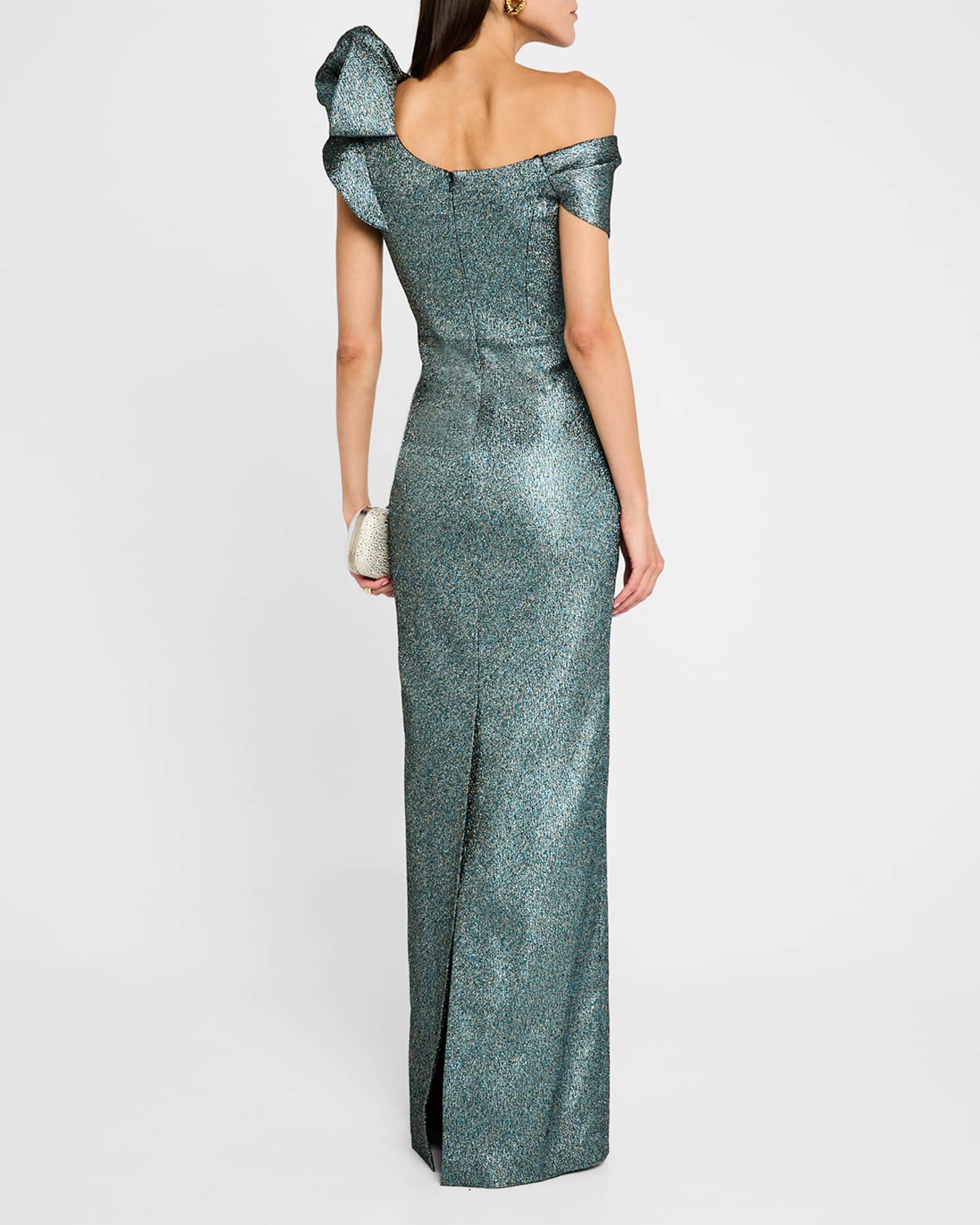 Rickie Freeman for Teri Jon One-Shoulder Metallic Jacquard Column Gown ...