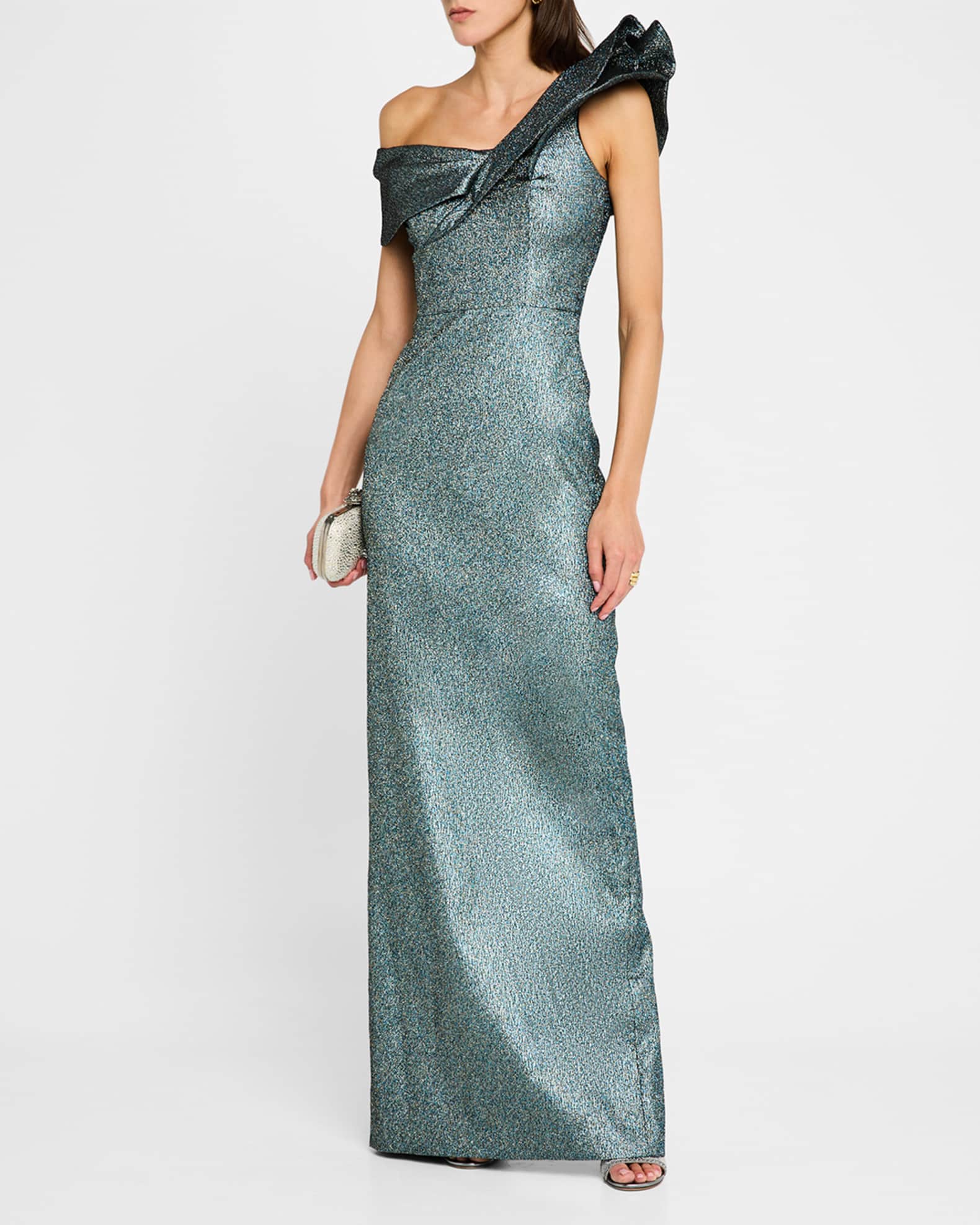 Rickie Freeman for Teri Jon One-Shoulder Metallic Jacquard Column Gown ...
