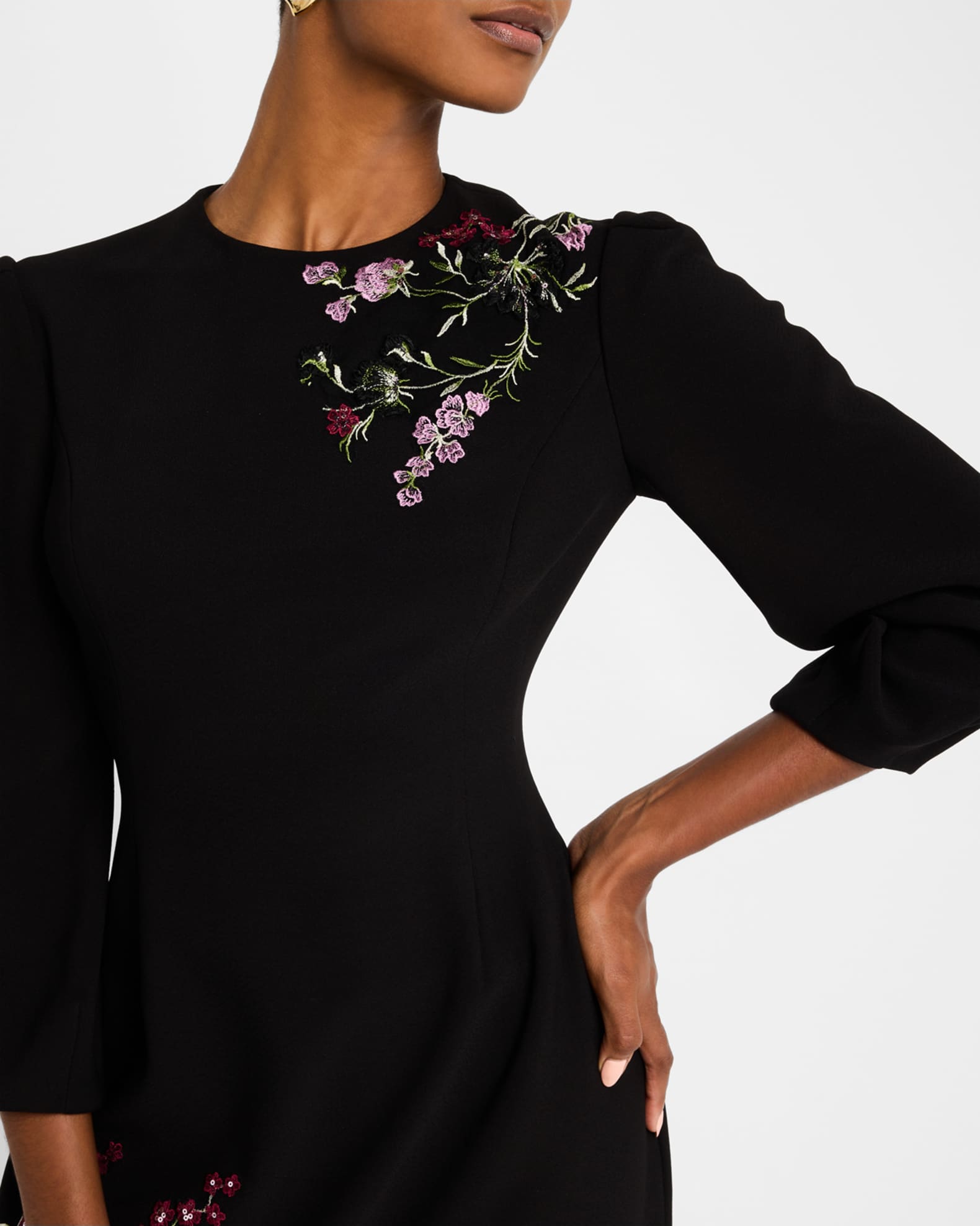 Rickie Freeman for Teri Jon Blouson-Sleeve Floral Applique Crepe Dress ...