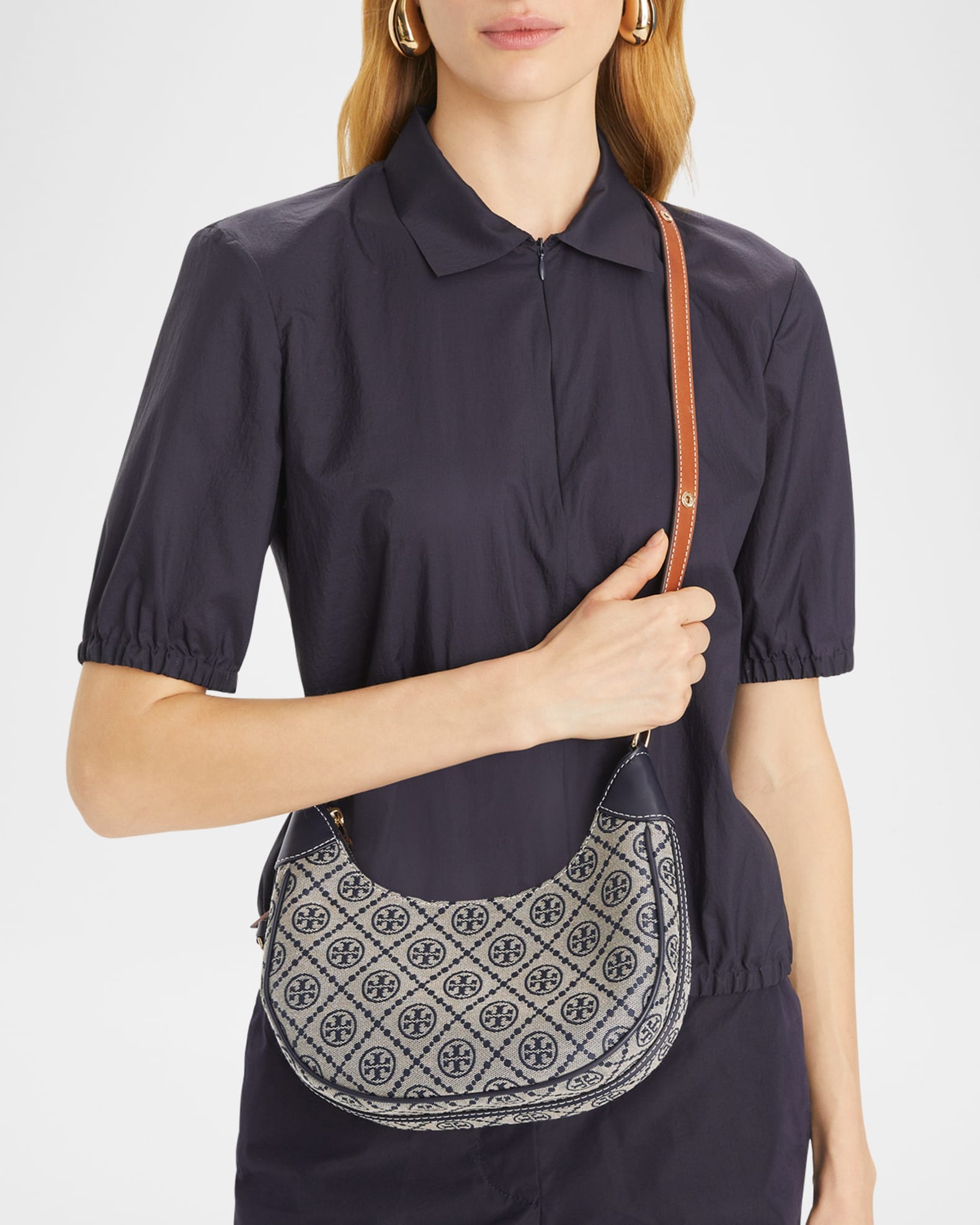 Tory Burch T Monogram Crescent Canvas Shoulder Bag | Neiman Marcus