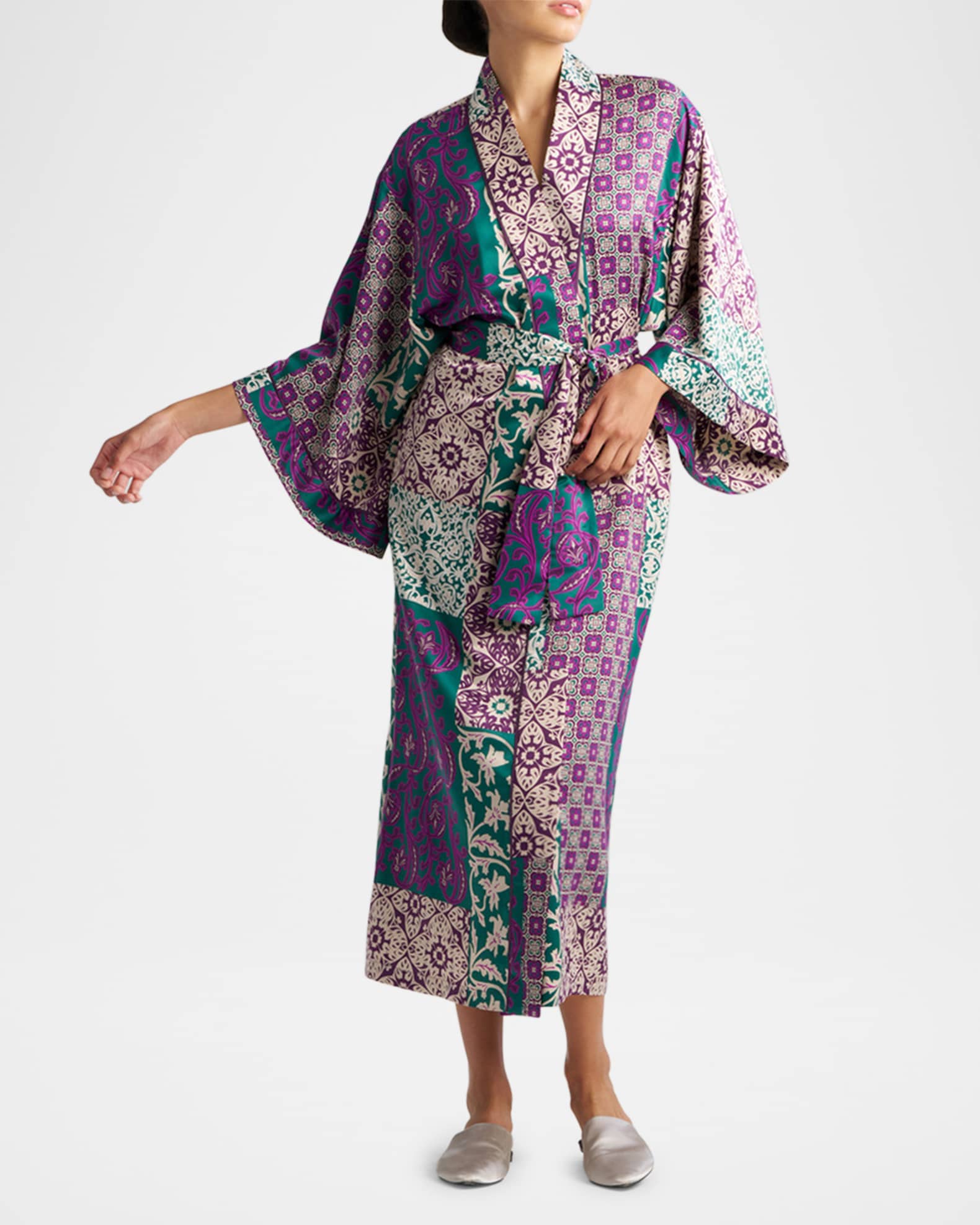 Natori Tapestry Patchwork-Print Charmeuse Robe | Neiman Marcus