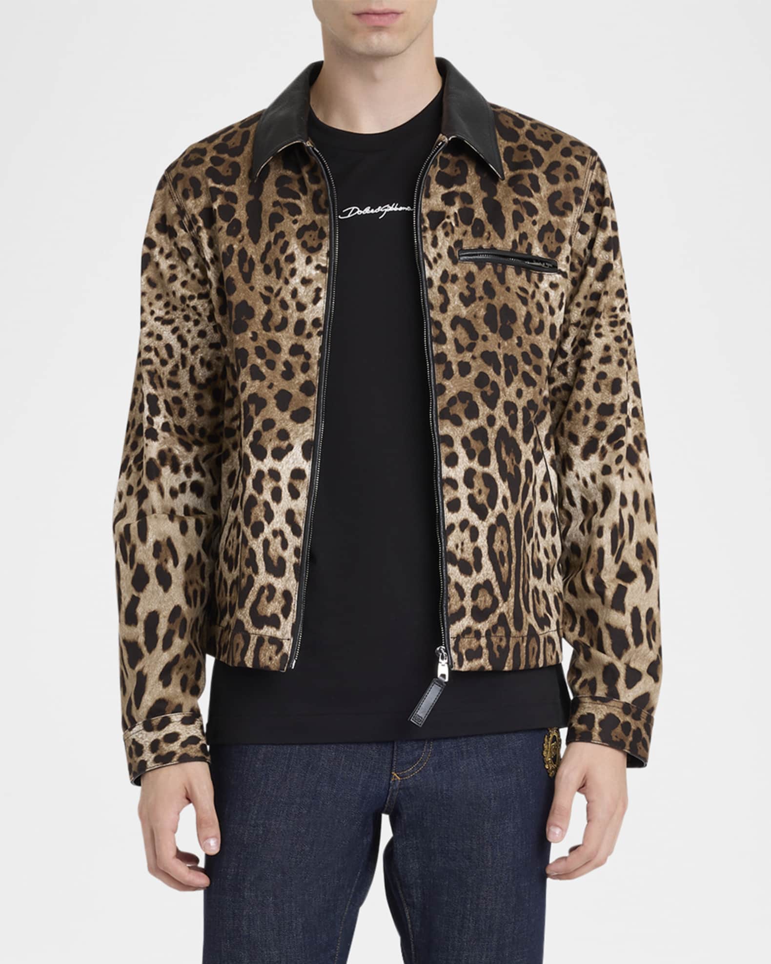 Dolce&Gabbana Men's Leopard-Print Leather-Trim Full-Zip Dolce&Gabbana Men's Leopard-Print Leather-Trim Full-Zip