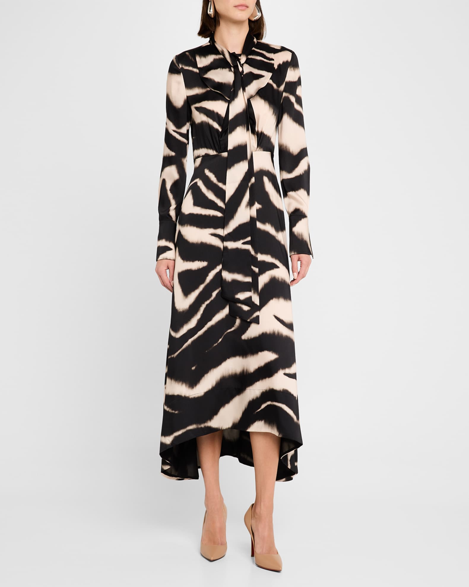 St. John Zebra-Print Long-Sleeve Scarf Midi Dress | Neiman Marcus