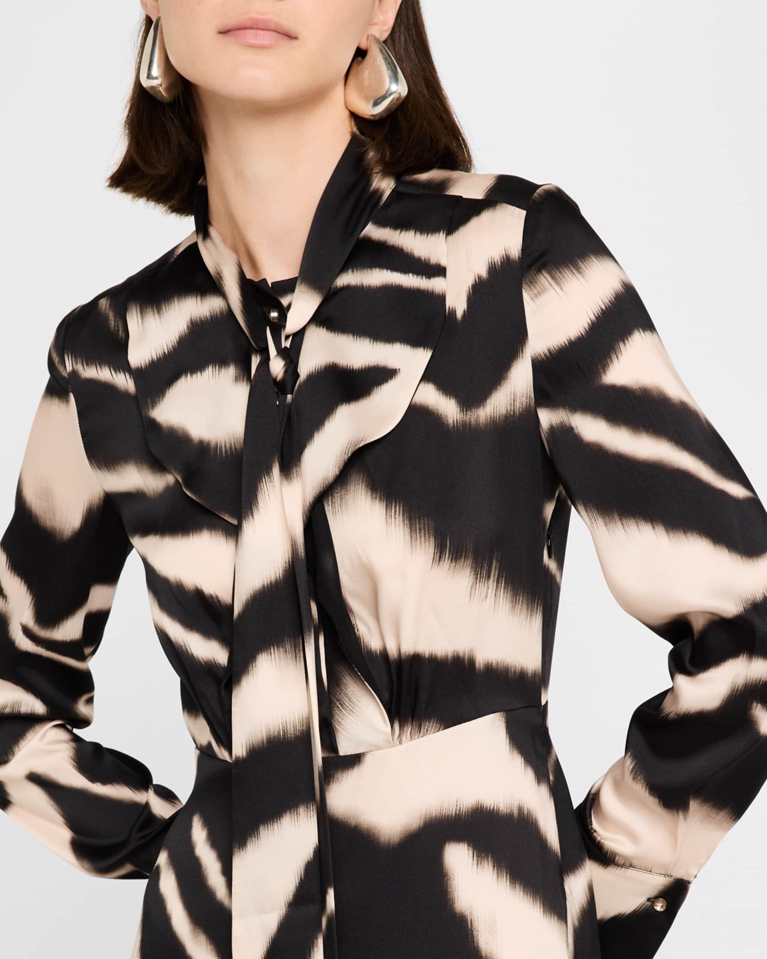 St. John Zebra-Print Long-Sleeve Scarf Midi Dress | Neiman Marcus