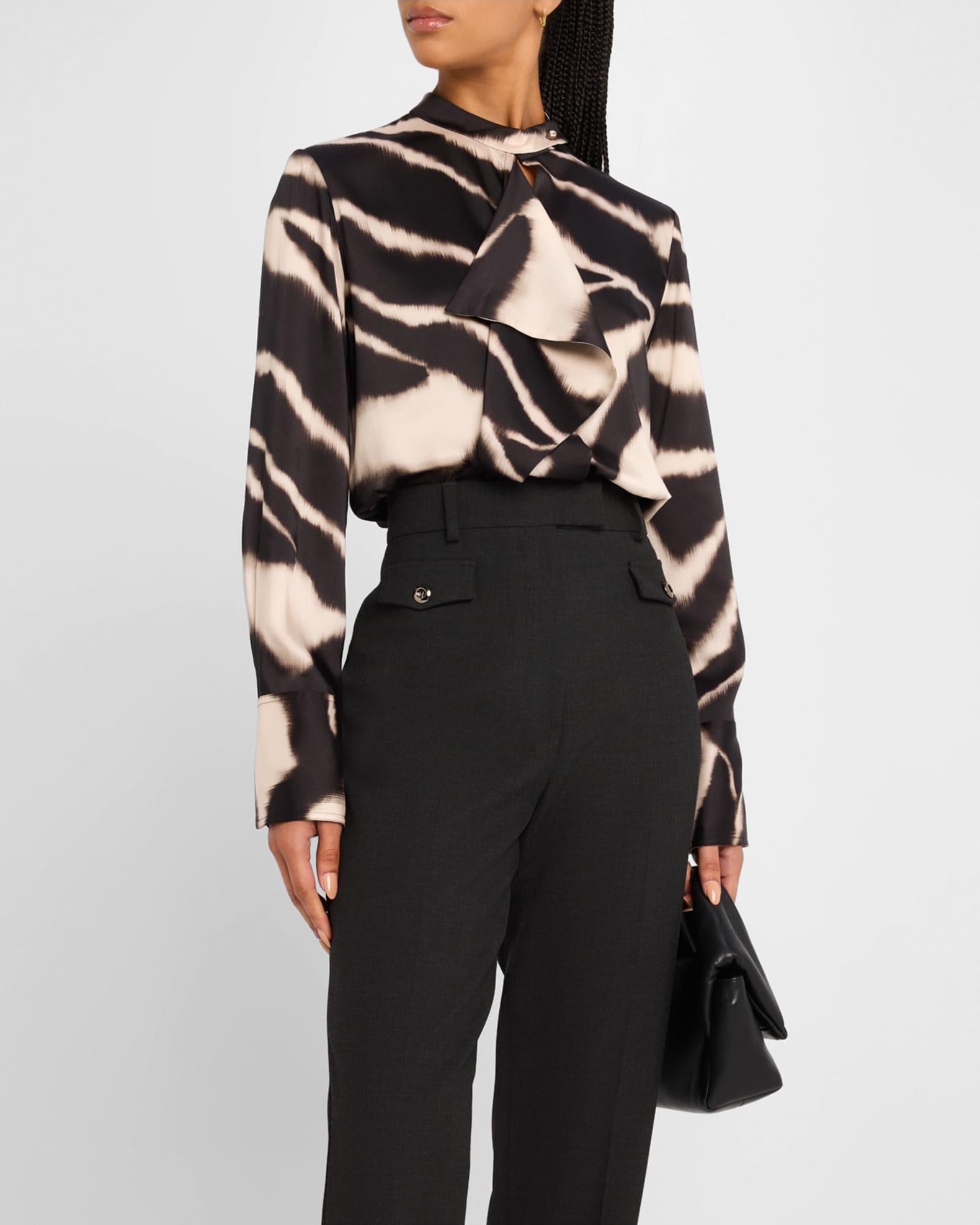 St. John Zebra-Print Ruffle Long-Sleeve Blouse | Neiman Marcus
