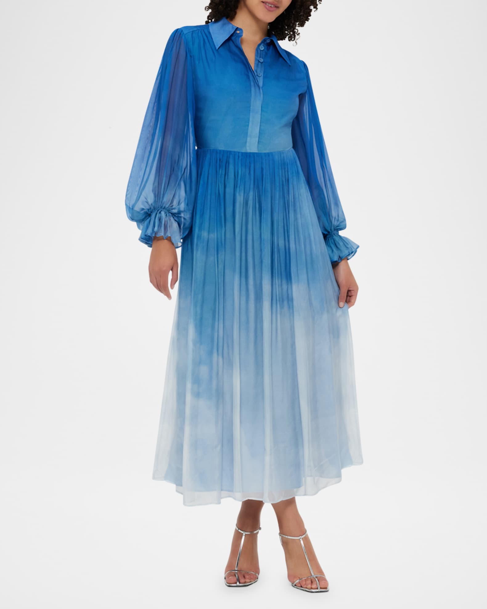 LEO LIN Cassie Pleated Cloud-Print Midi Shirtdress | Neiman Marcus