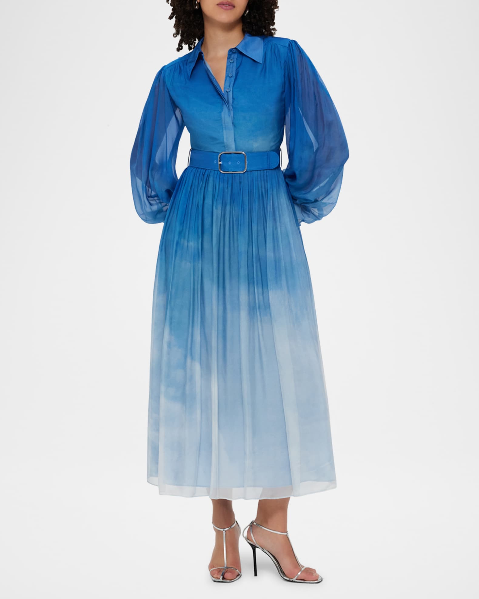 LEO LIN Cassie Pleated Cloud-Print Midi Shirtdress | Neiman Marcus