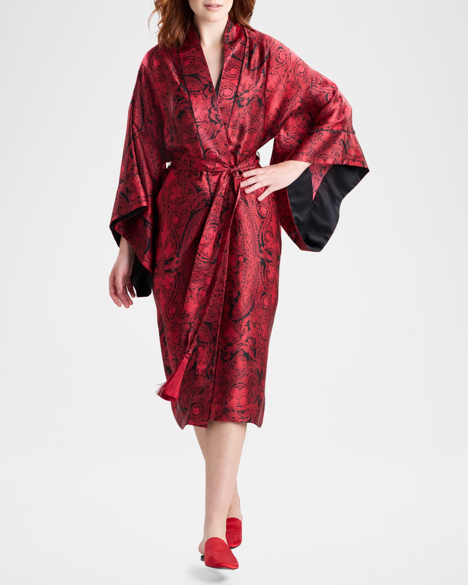 Josie Natori Ottoman Kimono-Sleeve Silk Robe | Neiman Marcus