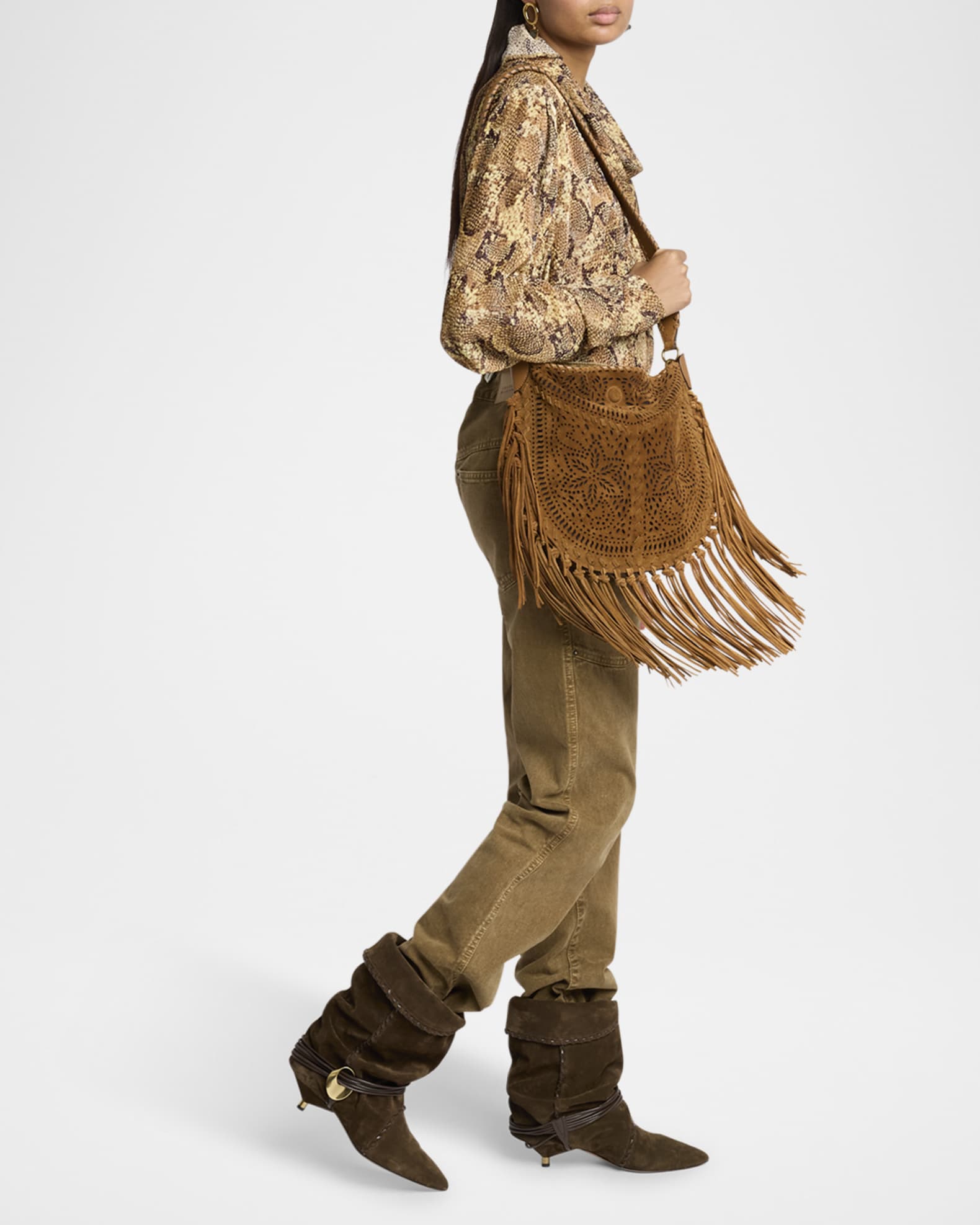 Isabel Marant Oskan Cutout Fringe Suede Crossbody Bag | Neiman Marcus