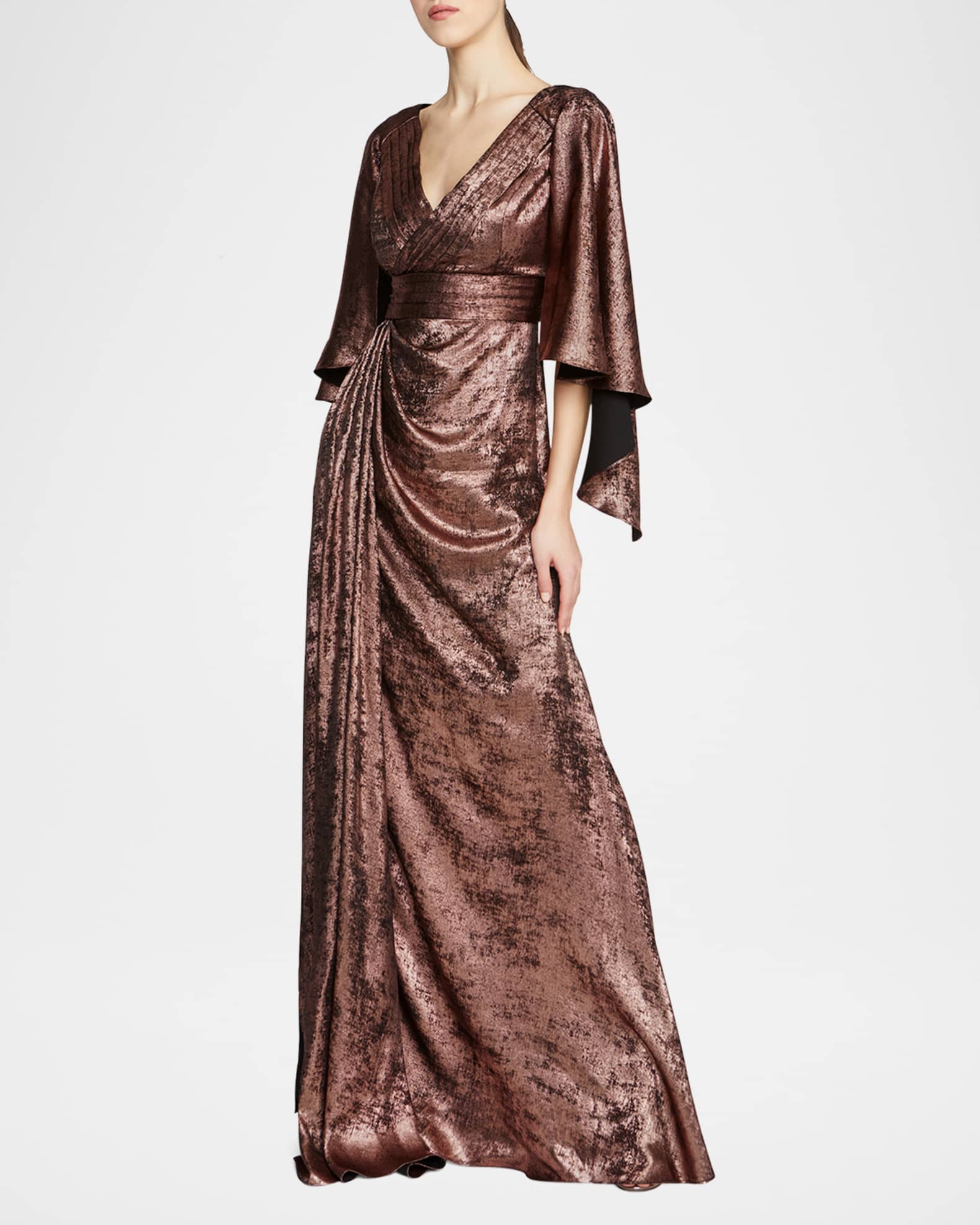 Theia Nadine Metallic Cape-Sleeve Gown | Neiman Marcus