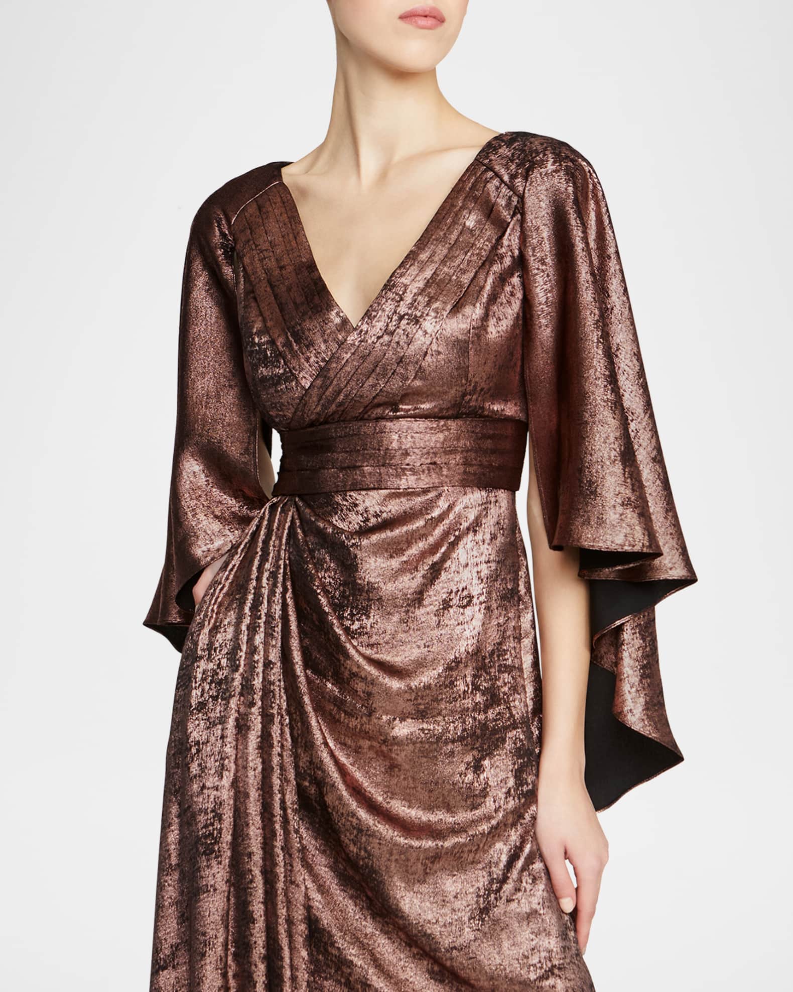 Theia Nadine Metallic Cape-Sleeve Gown | Neiman Marcus