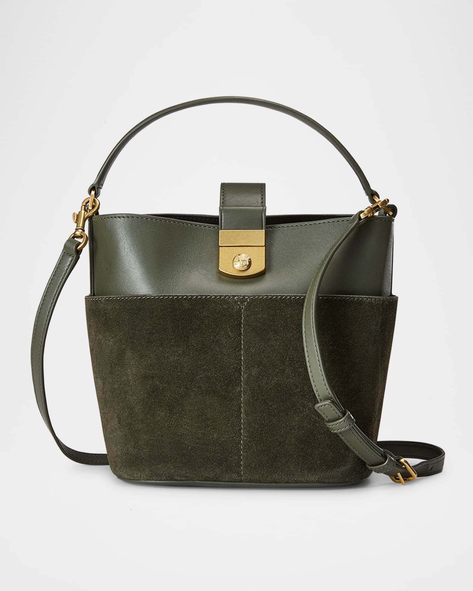 Veronica Beard Crest Lock Small Suede & Leather Bucket Bag | Neiman Marcus