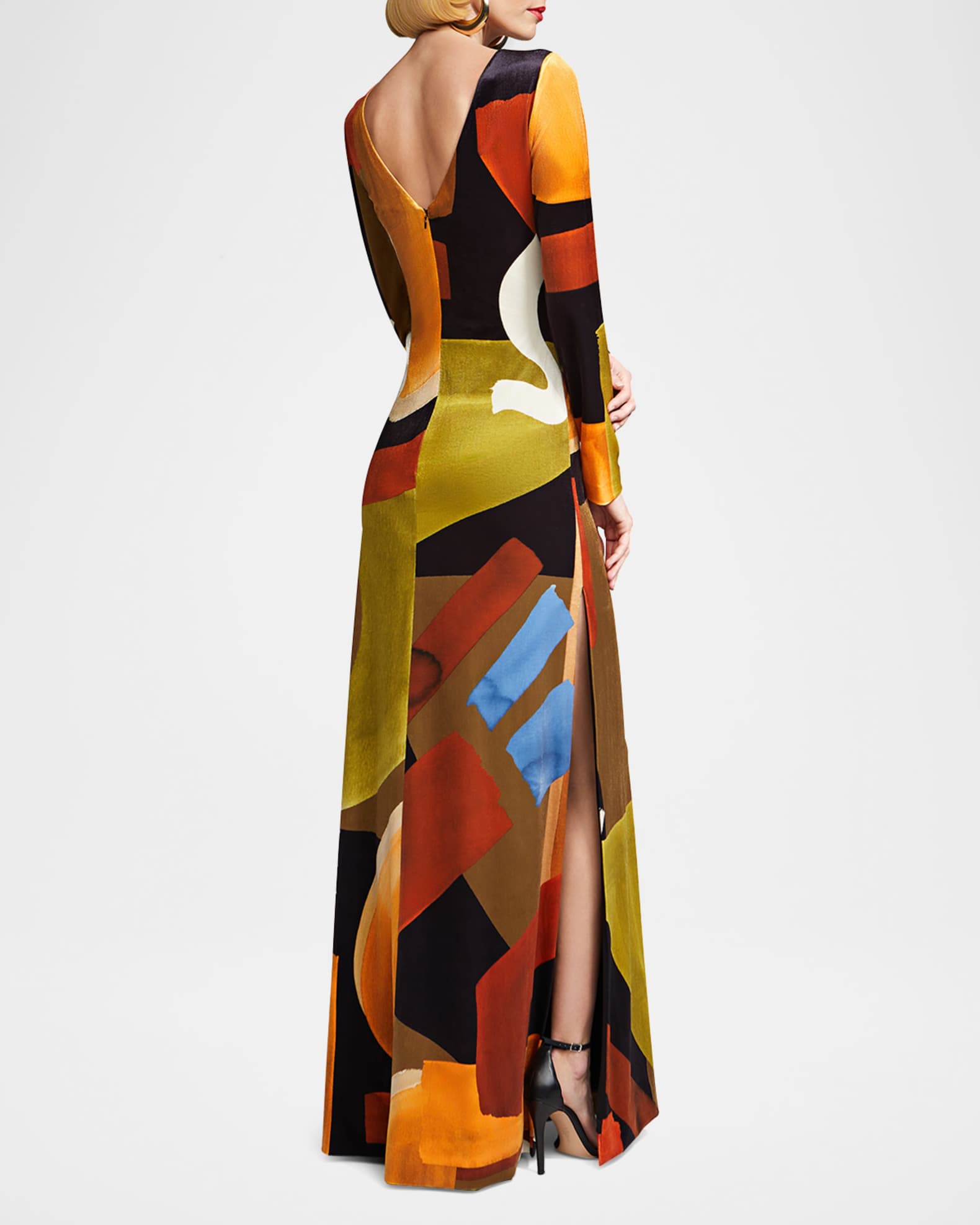 Halston Klara Geometric-Print Velvet Gown | Neiman Marcus