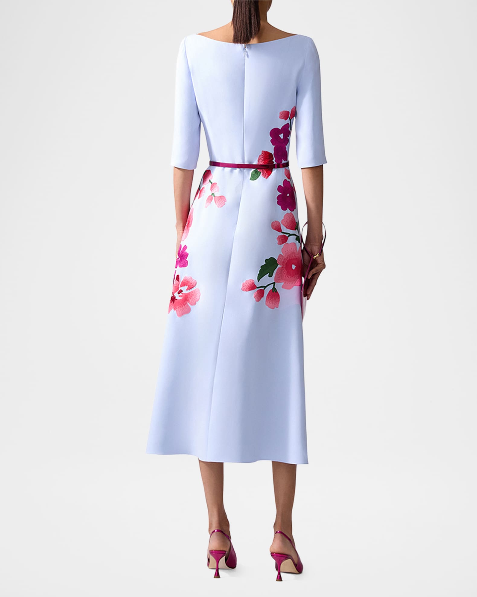Carolina Herrera Floral Embroidered 3/4-Sleeve Midi Dress | Neiman Marcus