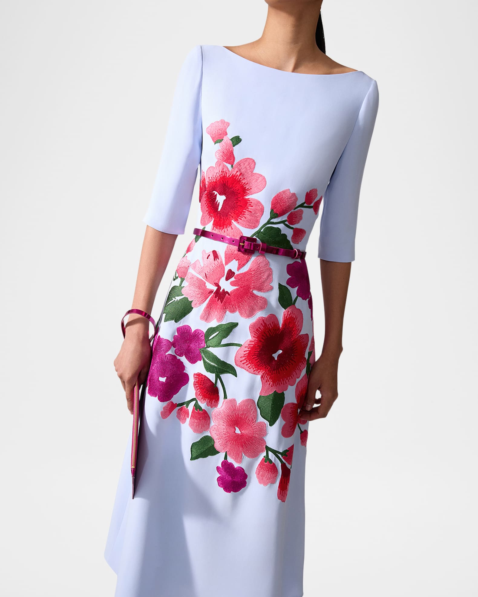 Carolina Herrera Floral Embroidered 3/4-Sleeve Midi Dress | Neiman Marcus