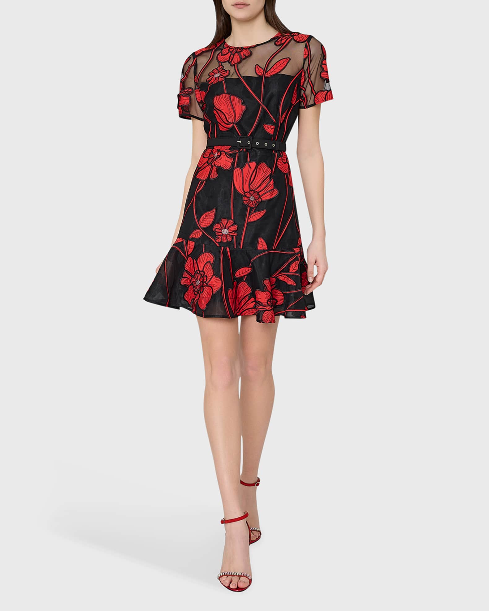 Milly Rosie Belted Floral-Embroidered Mini Dress | Neiman Marcus