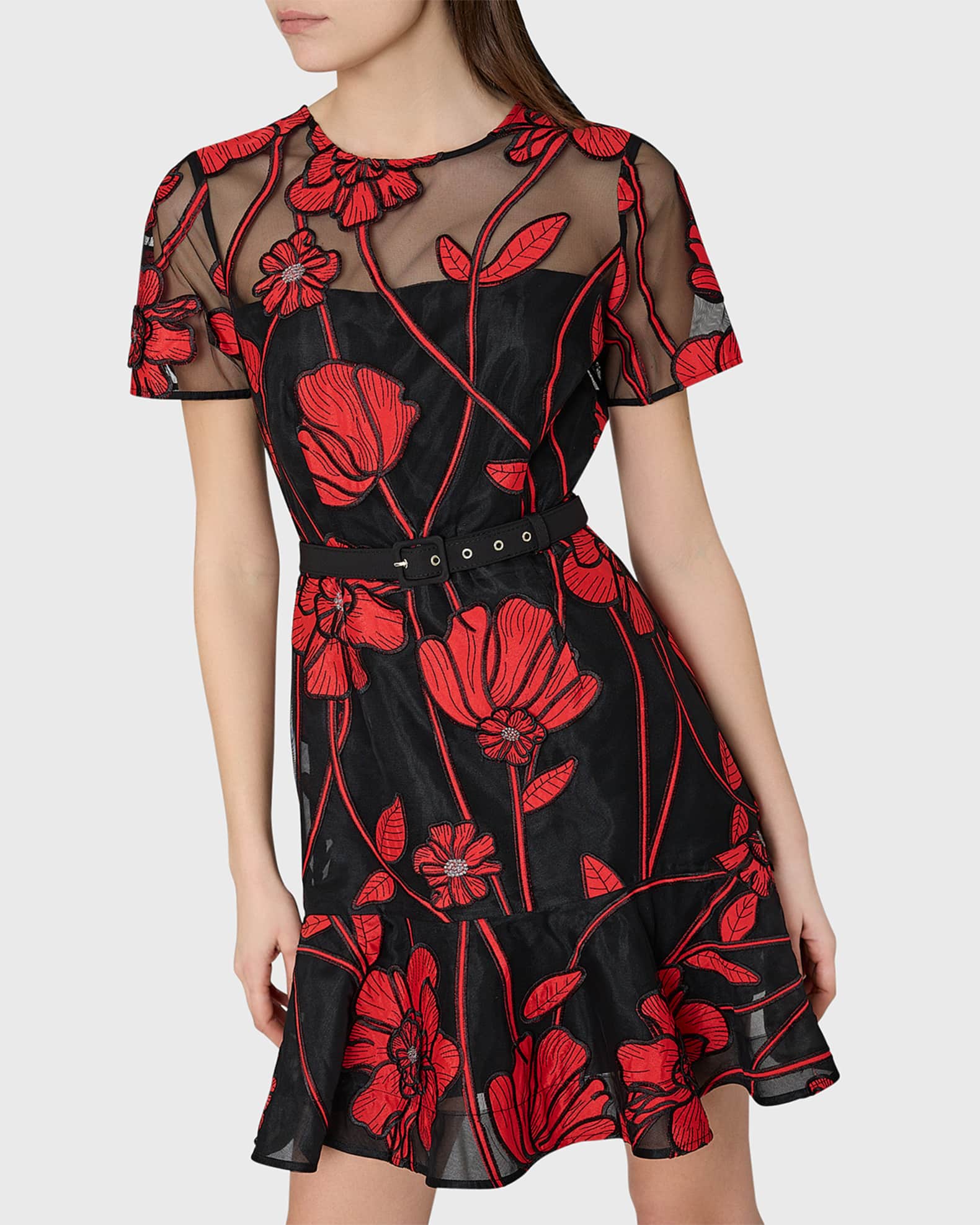 Milly Rosie Belted Floral-Embroidered Mini Dress | Neiman Marcus
