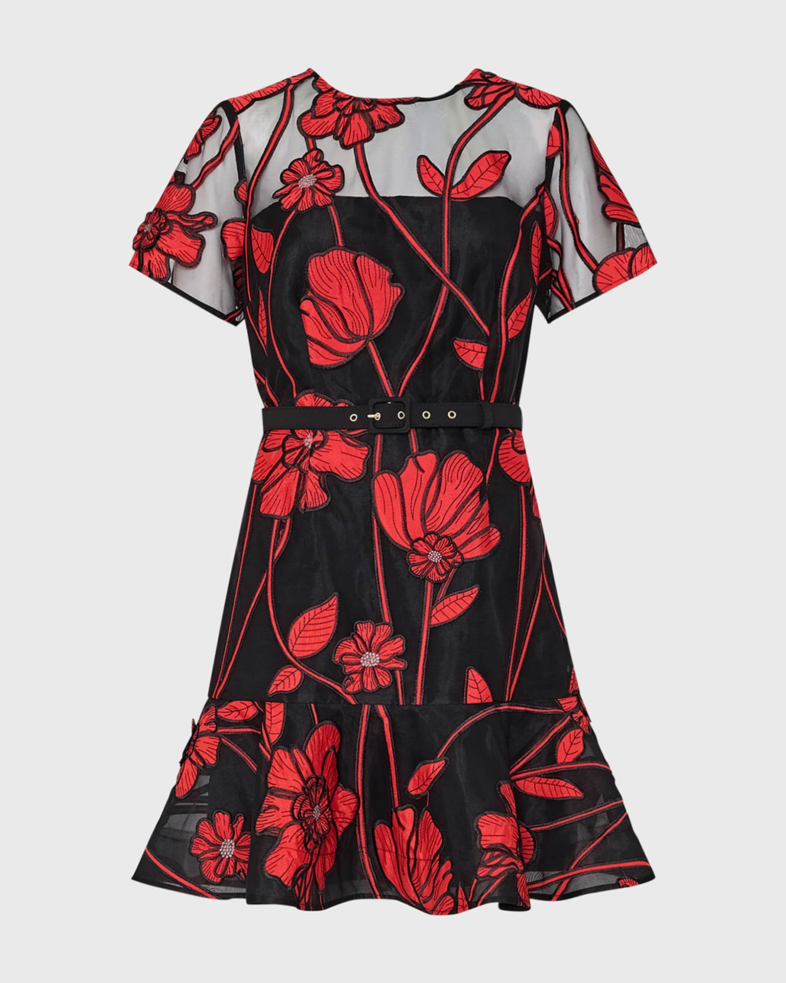 Milly Rosie Belted Floral-Embroidered Mini Dress | Neiman Marcus