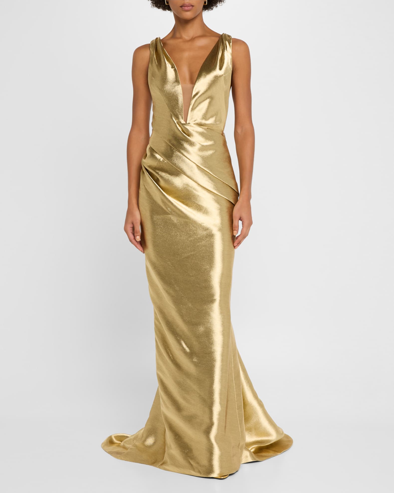 Marchesa Plunging Draped Metallic Tapered Gown | Neiman Marcus