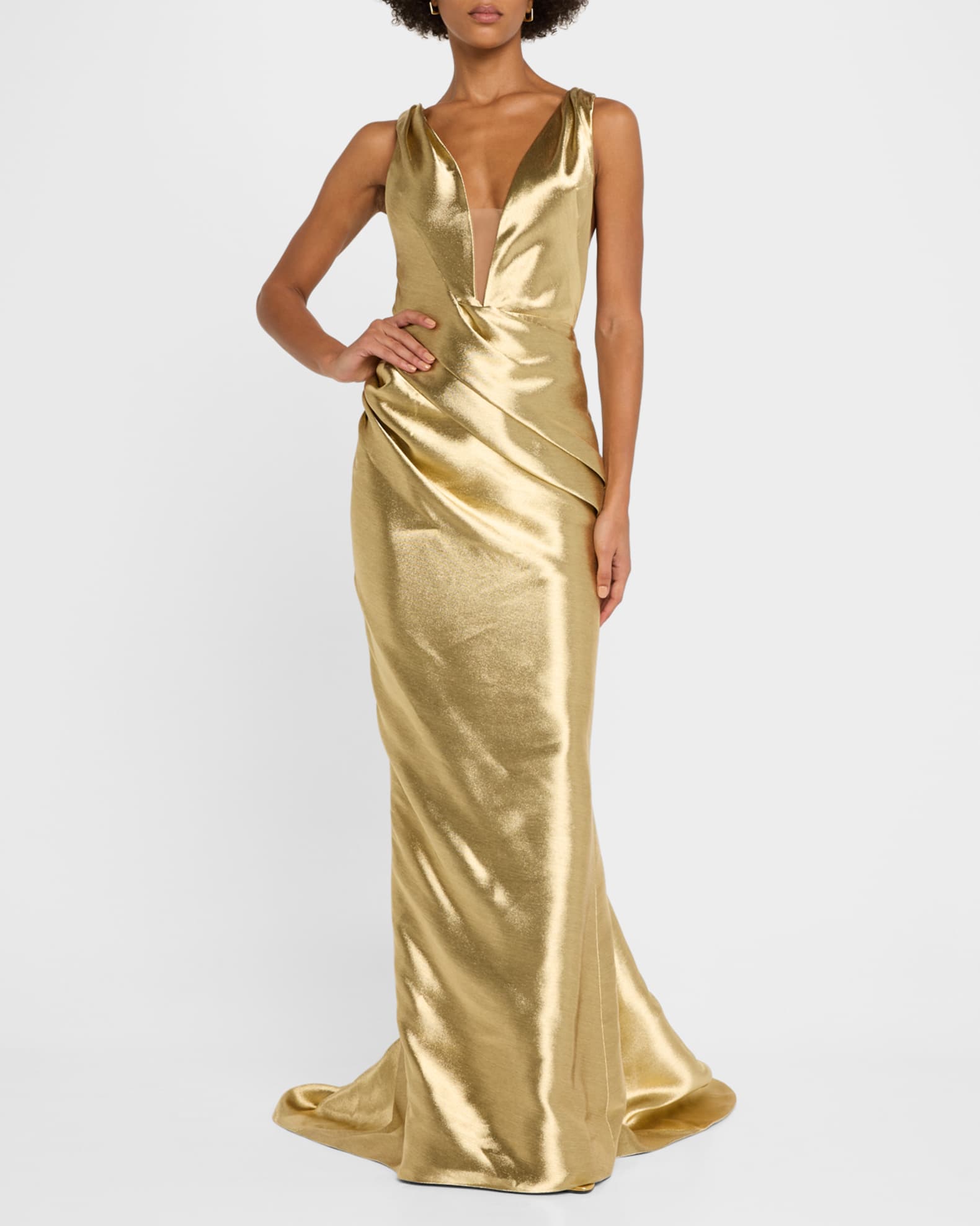 Marchesa Plunging Draped Metallic Tapered Gown | Neiman Marcus