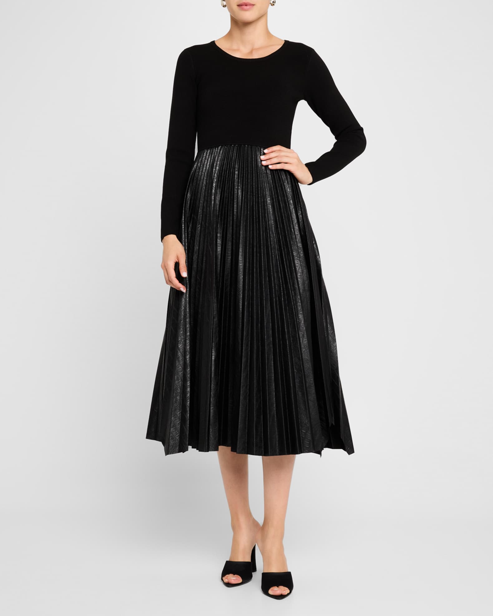 Elie Tahari The Mave Pleated Faux Leather Midi Dress | Neiman Marcus