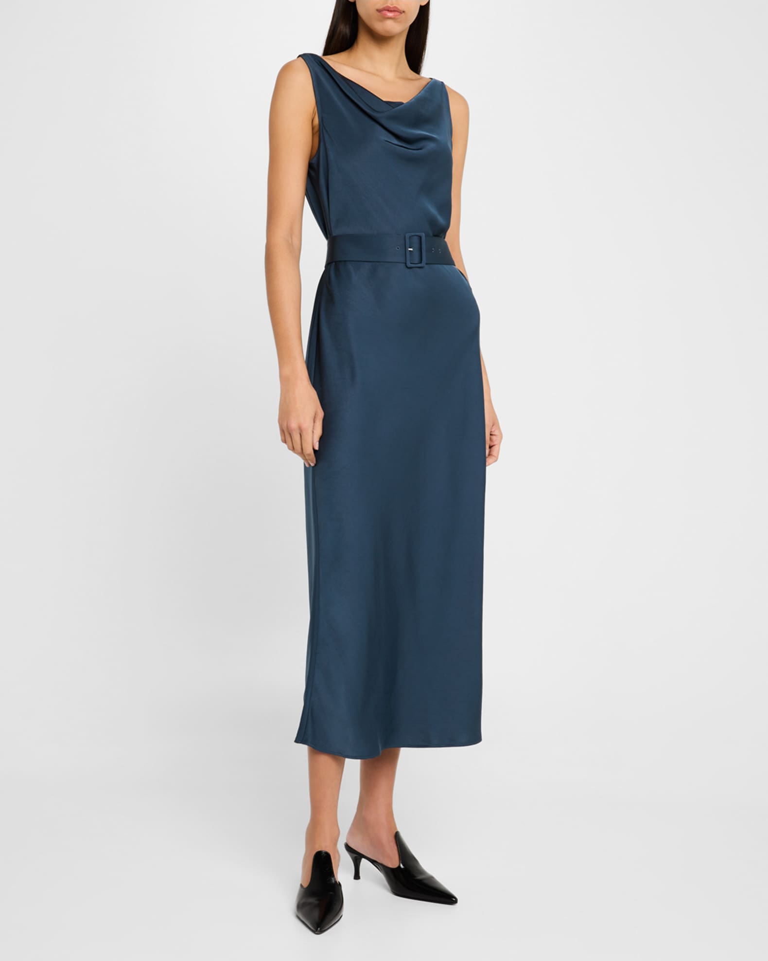 LAPOINTE Cowl-Neck Belted Satin Midi Dress | Neiman Marcus