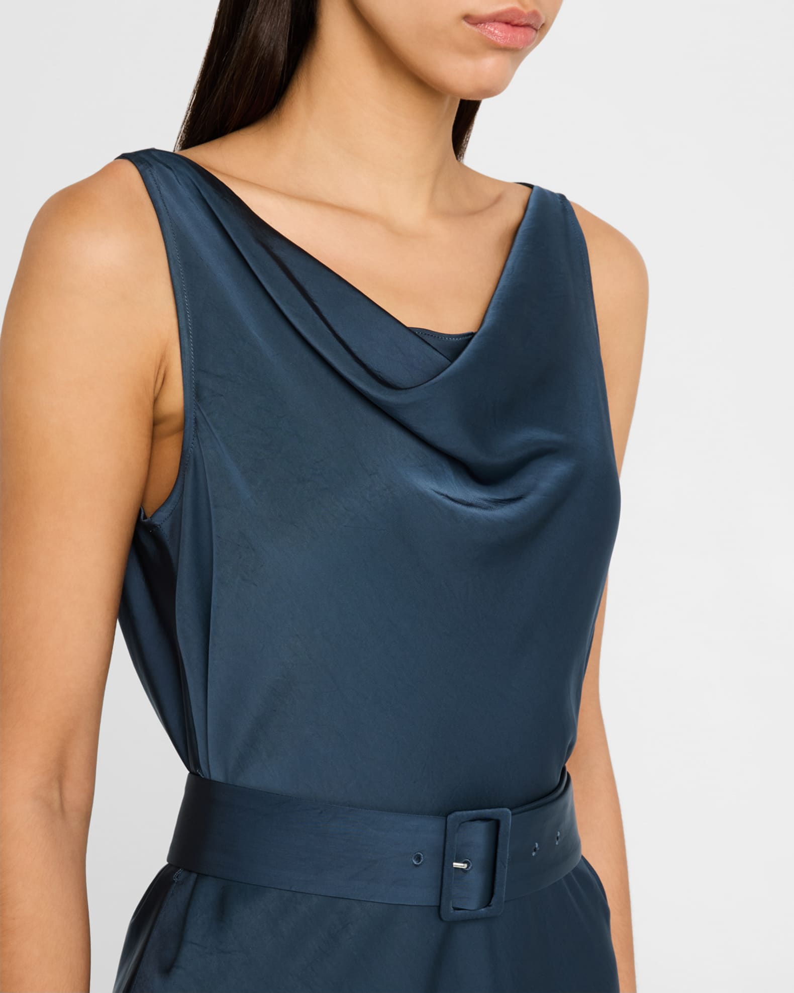 LAPOINTE Cowl-Neck Belted Satin Midi Dress | Neiman Marcus