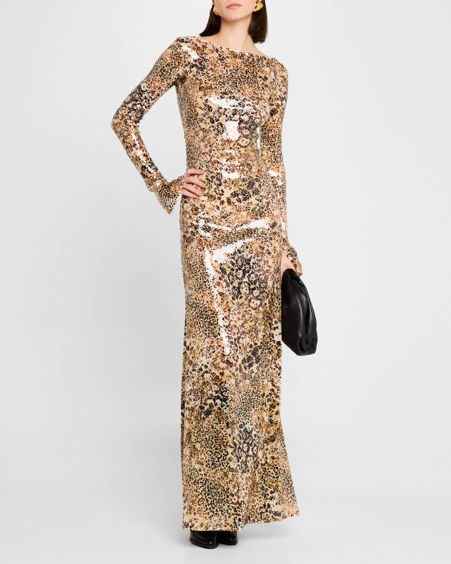 LAPOINTE Leopard Sequined Long-Sleeve Gown | Neiman Marcus