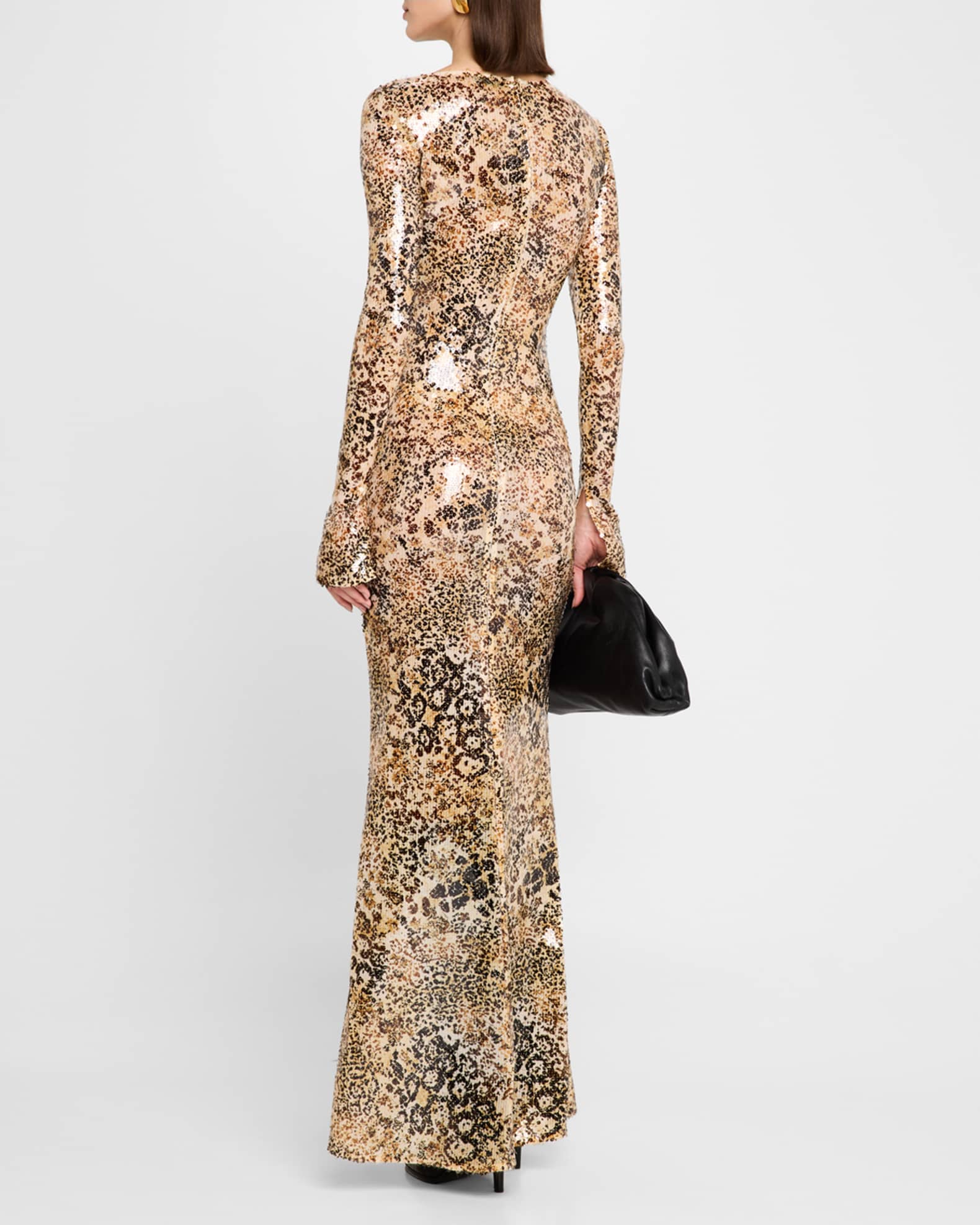 LAPOINTE Leopard Sequined Long-Sleeve Gown | Neiman Marcus