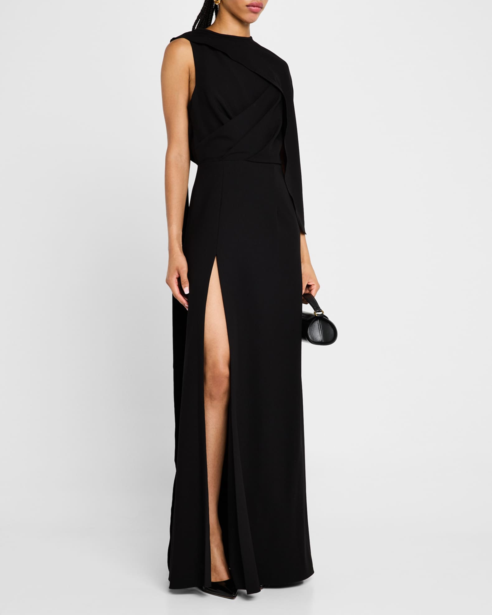 Black Halo Kissam Asymmetric Draped Crepe Gown | Neiman Marcus