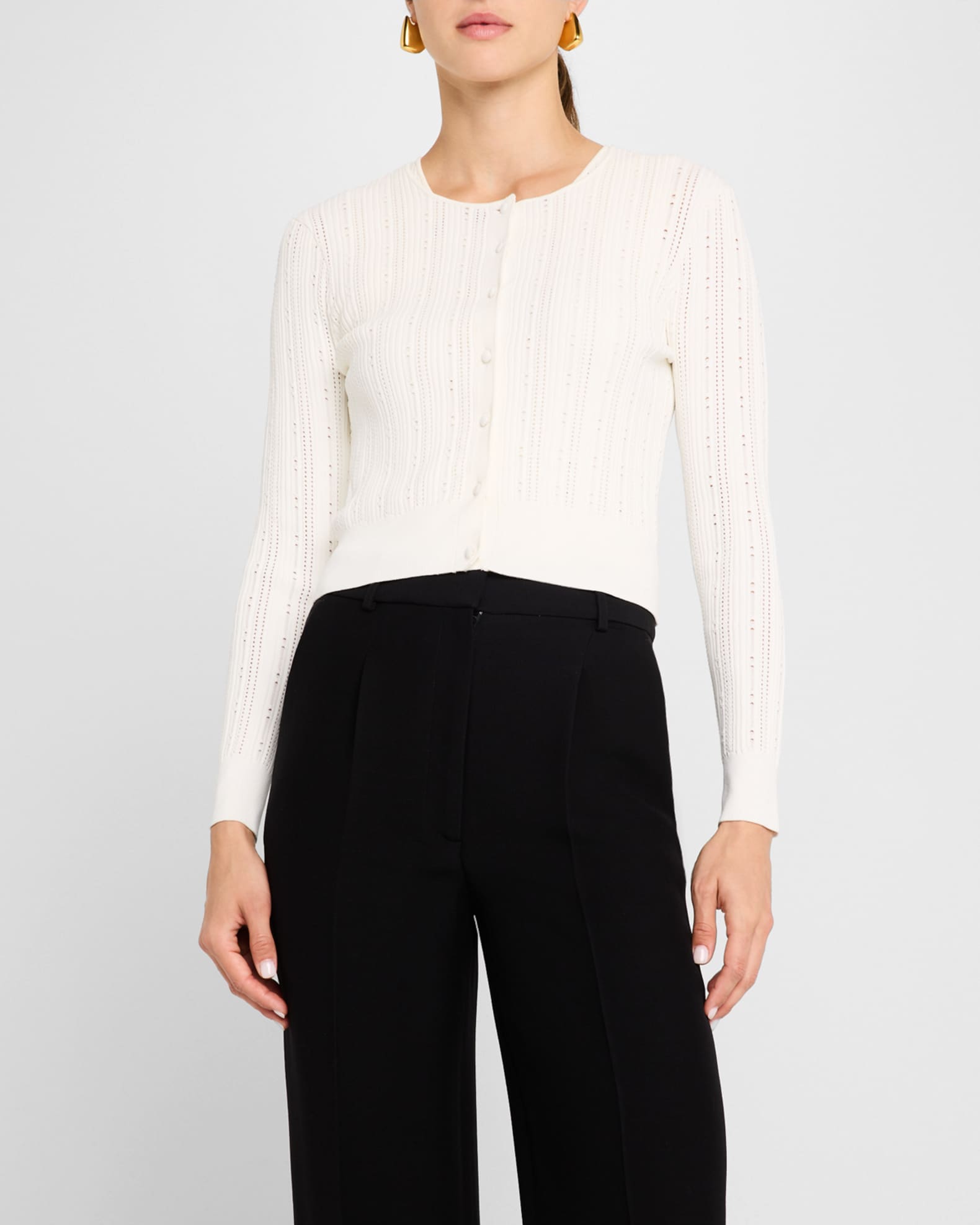 Adam Lippes Pointelle Compact Jacquard Crewneck Crop Cardigan | Neiman ...