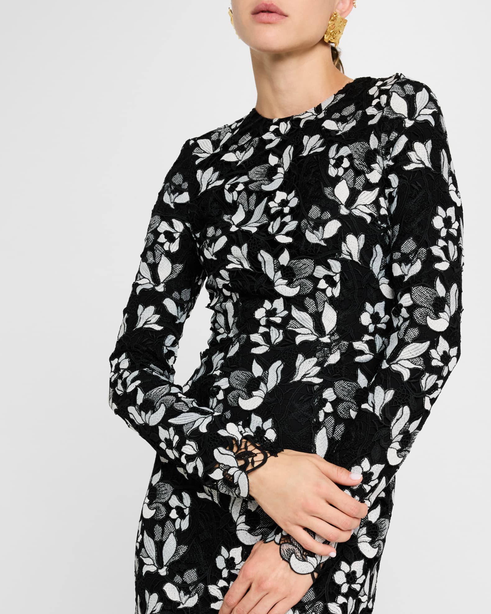 Monique Lhuillier Long-Sleeve Lace Sheath Midi Dress | Neiman Marcus