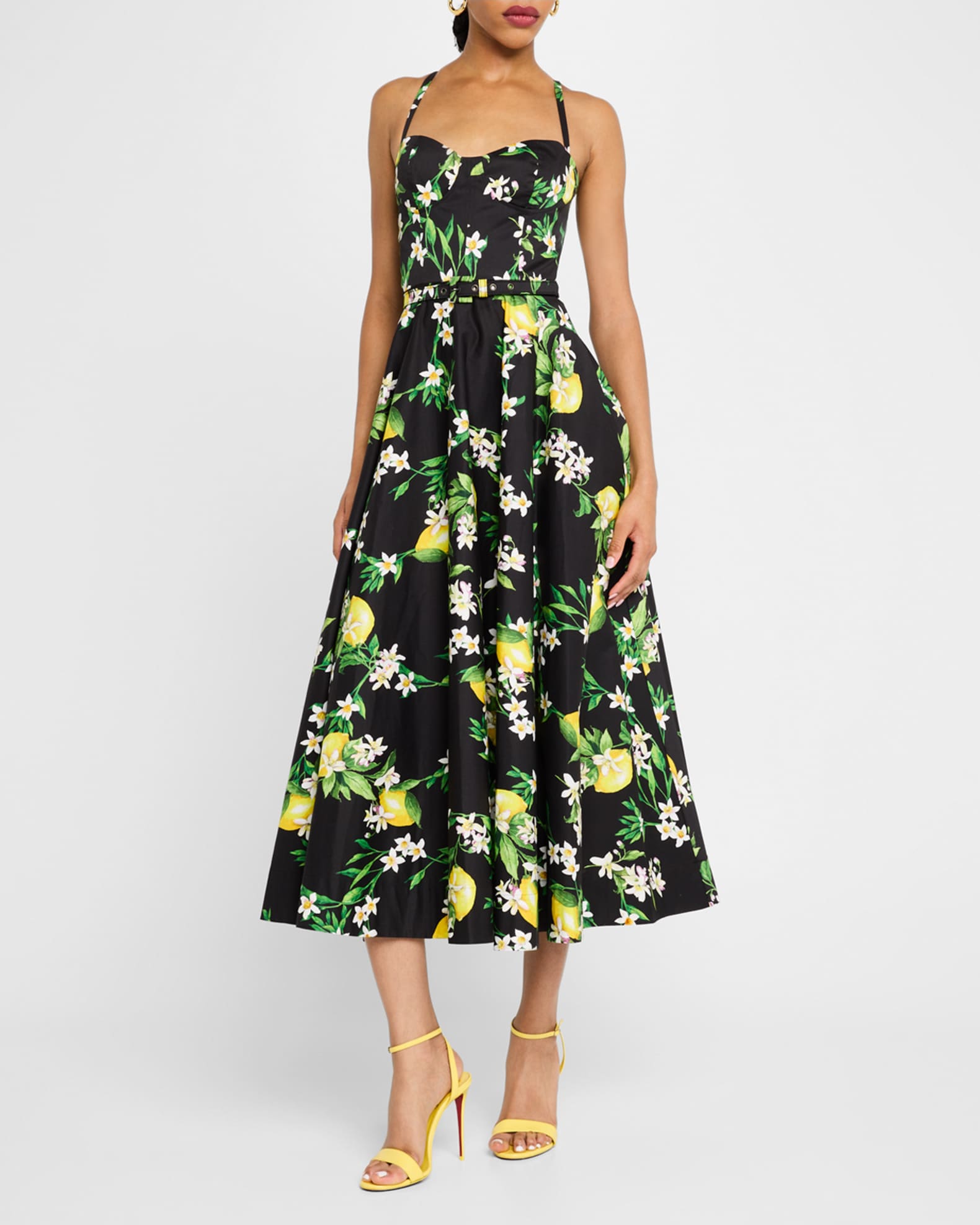 Monique Lhuillier Lemon-Print Sleeveless Belted Corset Midi Dress ...