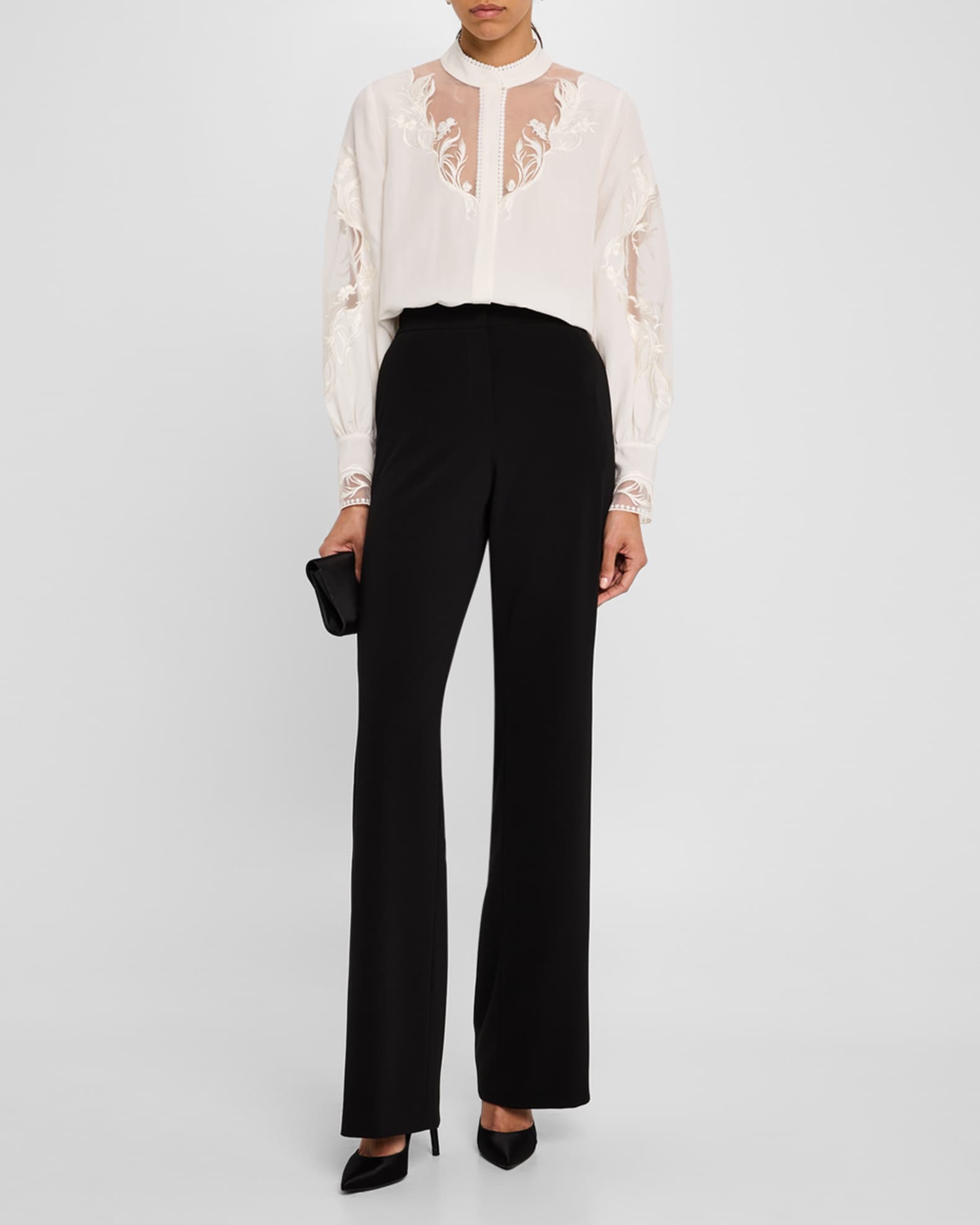 Angela Embroidered Sheer-Inset Blouse | Neiman Marcus