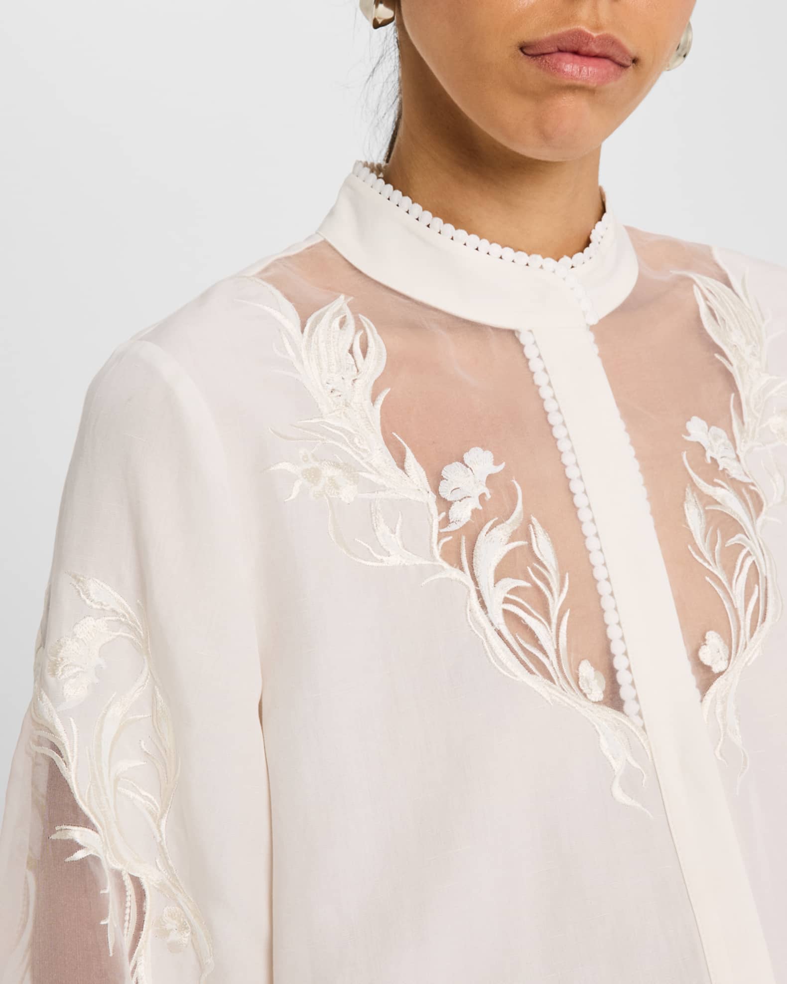 Angela Embroidered Sheer-Inset Blouse | Neiman Marcus