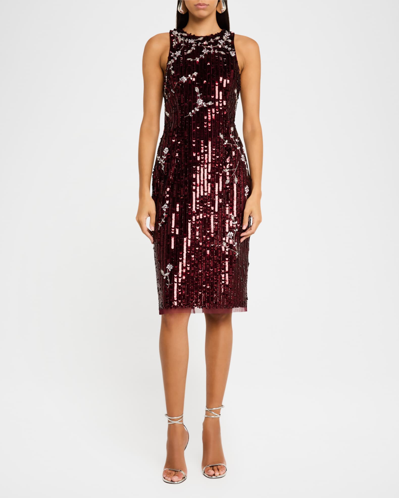 Aidan Mattox Floral Beaded Sequin Midi Dress | Neiman Marcus