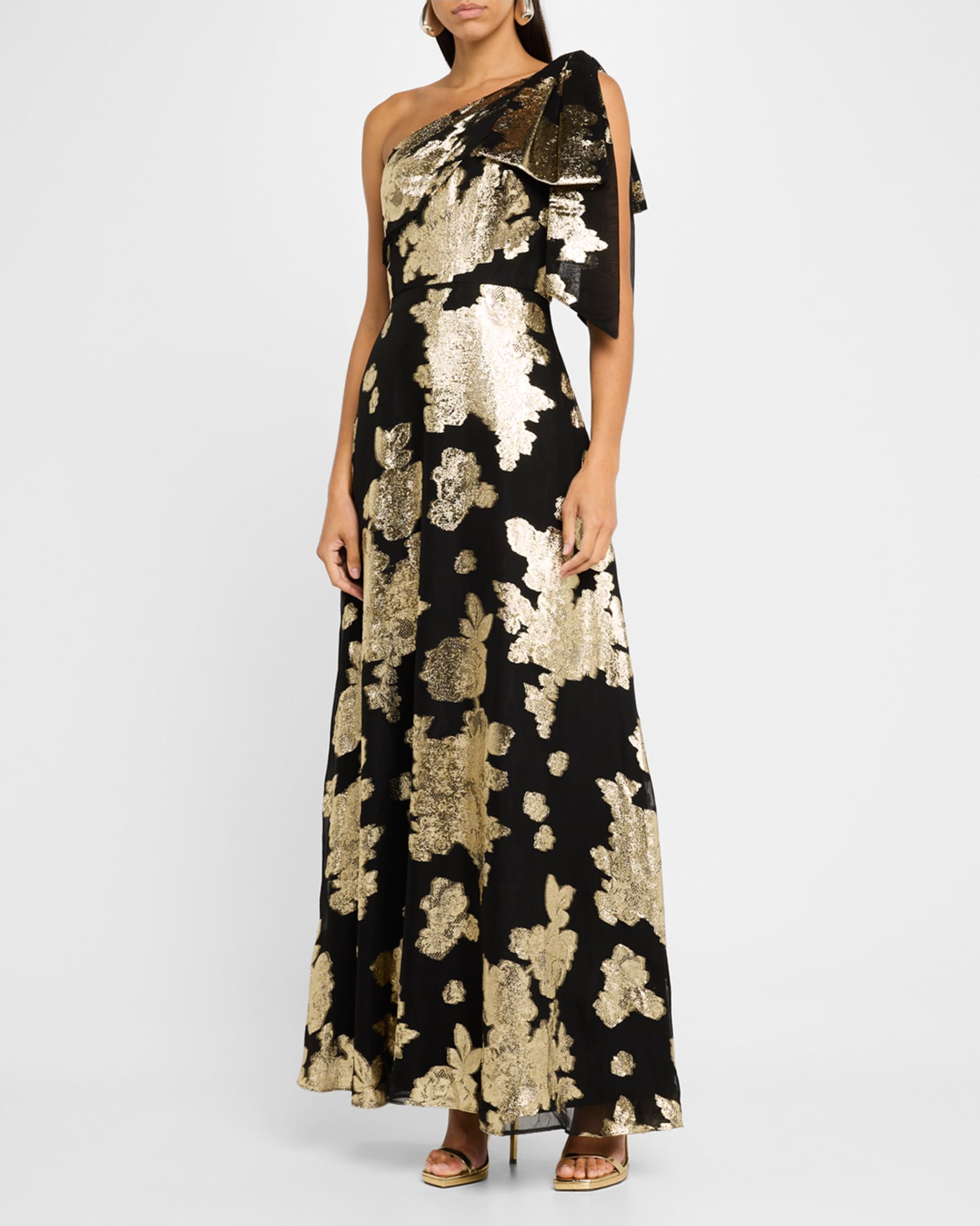 Aidan Mattox One-Shoulder Metallic Jacquard Gown | Neiman Marcus