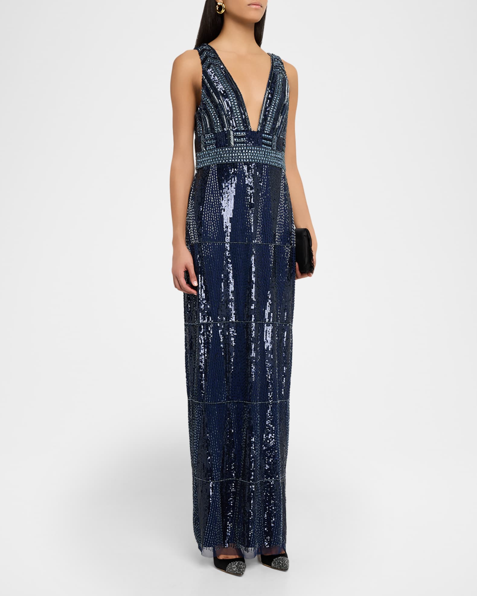 Aidan Mattox Beaded Deep V-Neck Column Gown | Neiman Marcus