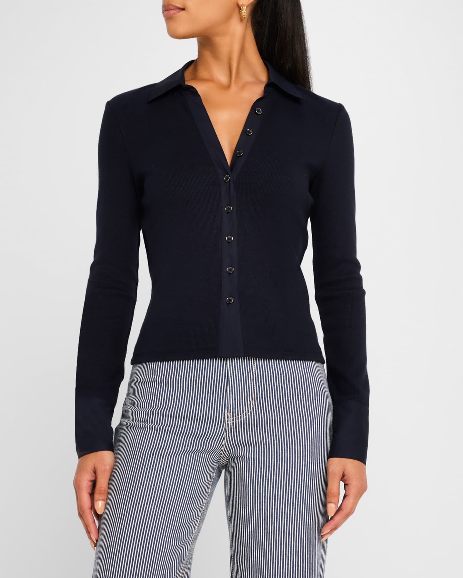 Veronica Beard Scottie Button-Front Mixed Media Top | Neiman Marcus