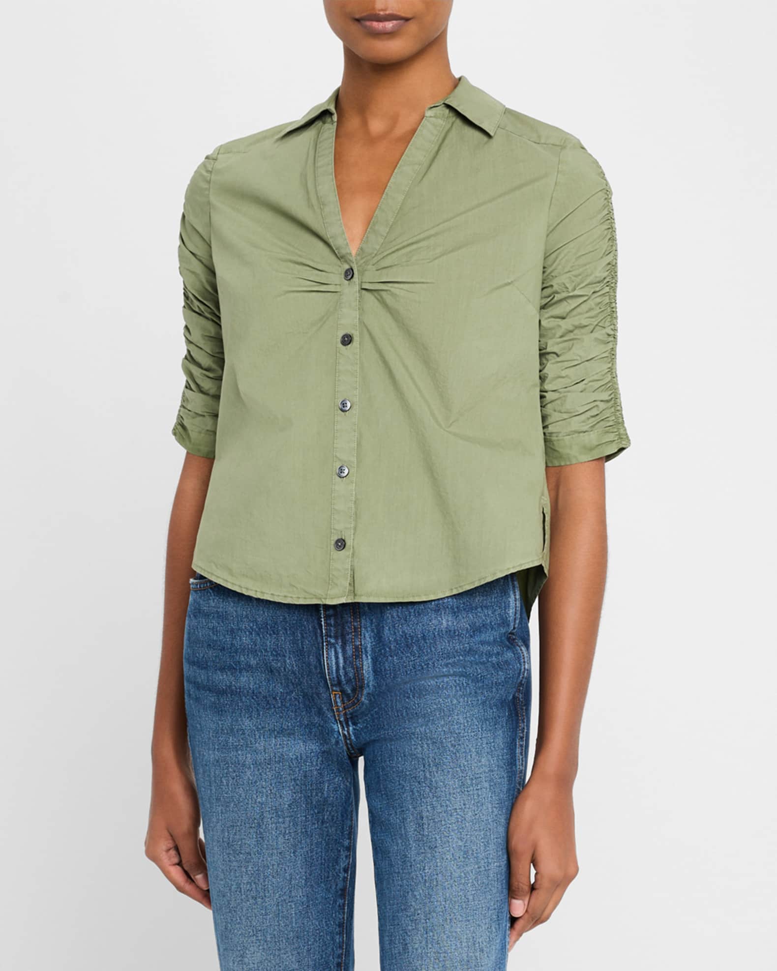 Veronica Beard Porta Ruched-Sleeve Button-Front Shirt | Neiman Marcus