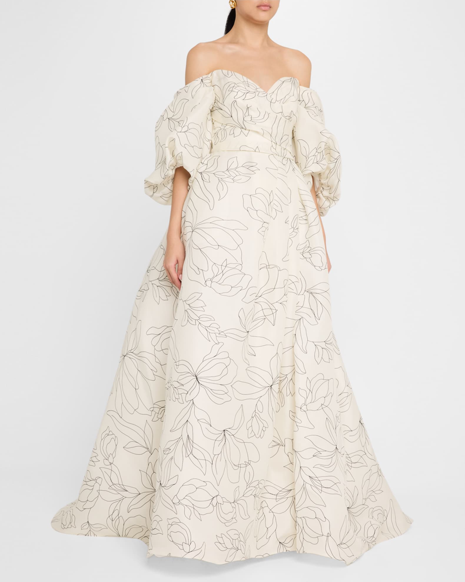 Monique Lhuillier Off-The-Shoulder Floral Blouson-Sleeve Ball Gown ...