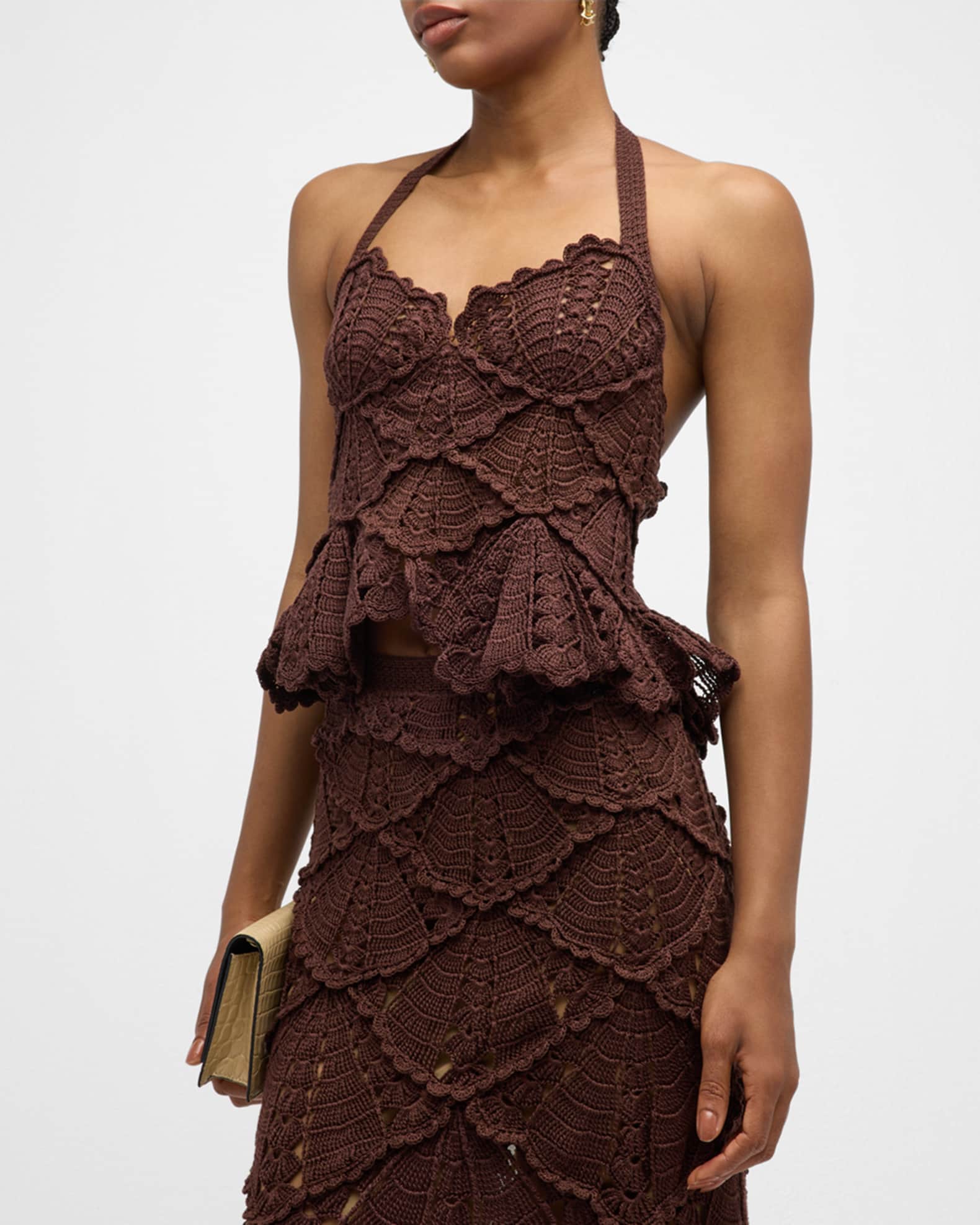 Oscar de la Renta Shell Crochet Knit Halter Peplum Tank Top | Neiman Marcus