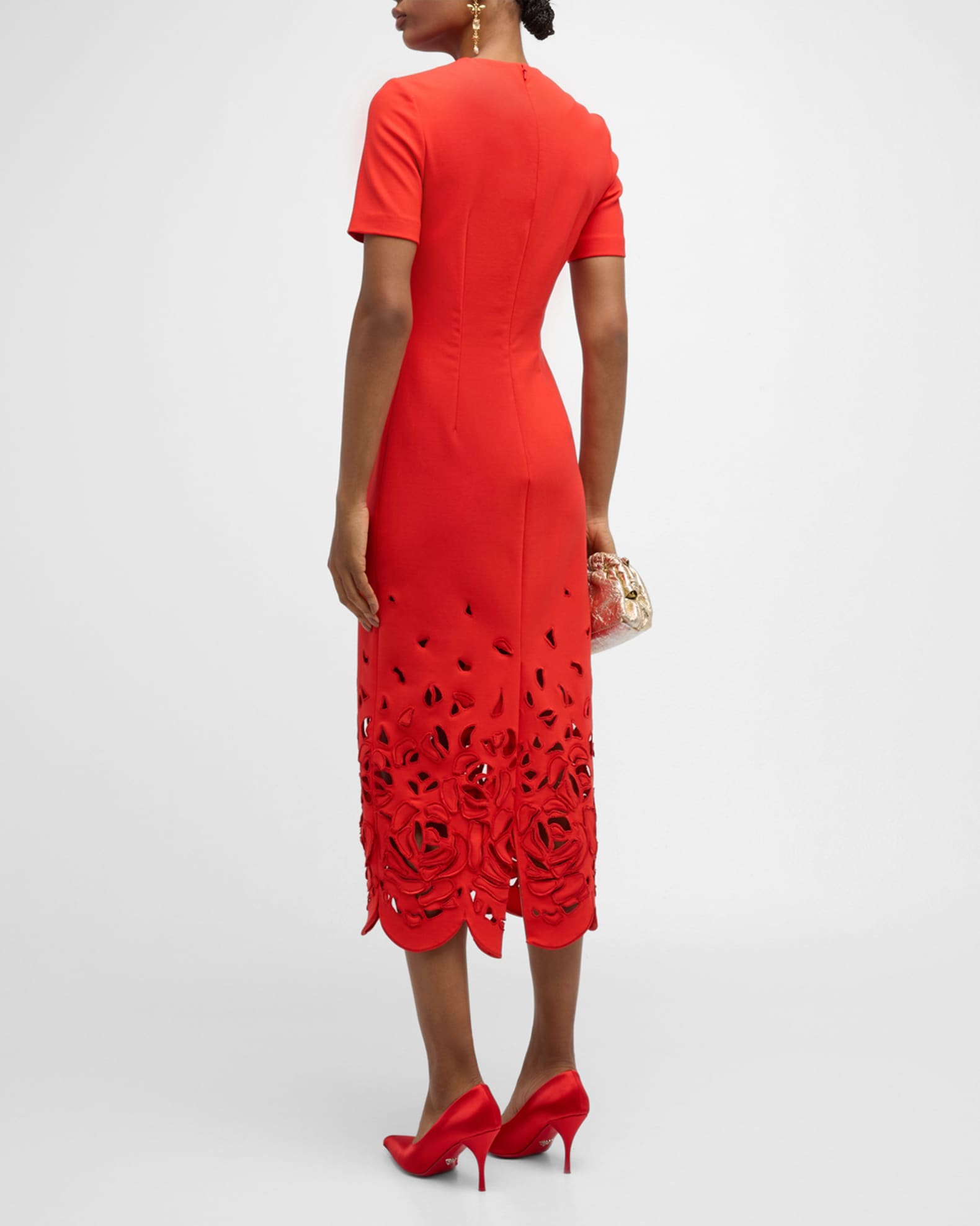 Oscar de la Renta Rose Cutout Stretch-Wool Midi Dress | Neiman Marcus