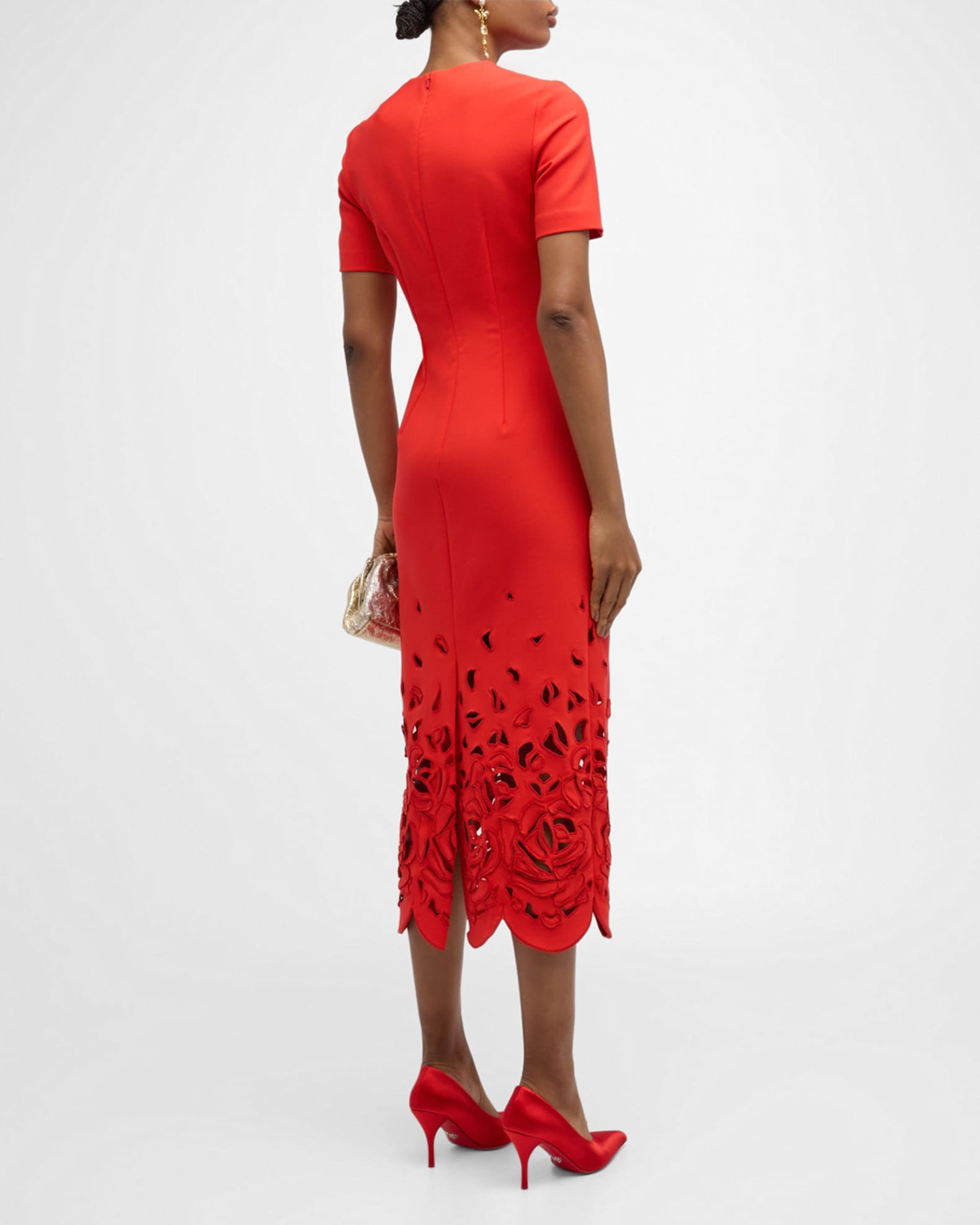 Oscar de la Renta Rose Cutout Stretch-Wool Midi Dress | Neiman Marcus