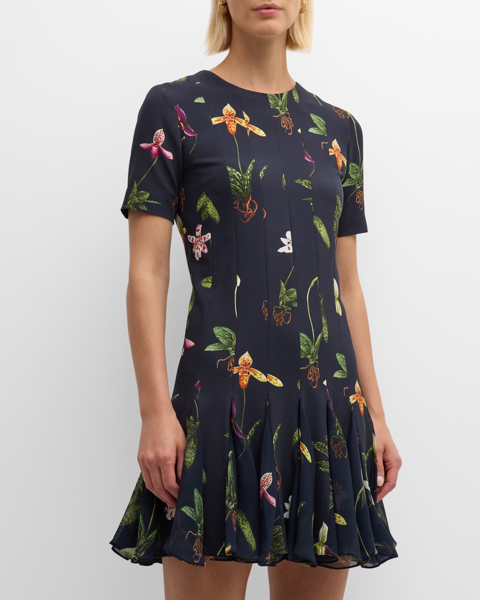 Oscar de la Renta Orchids Cady Chiffon-Inset Mini Dress | Neiman Marcus