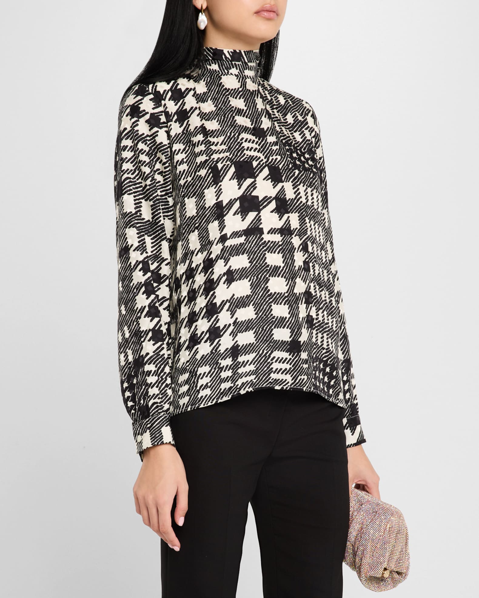 Libertine Bianca Peggys Houndstooth-Print Neck-Tie Silk Blouse | Neiman Marcus