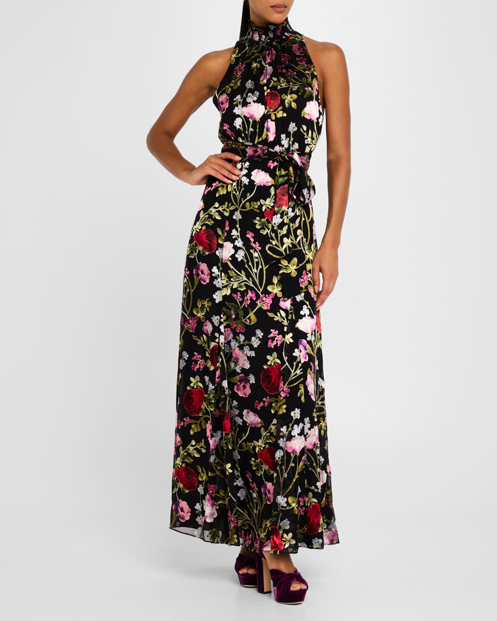 Alice + Olivia Dita Smocked-Neck Godet Burnout Maxi Dress | Neiman Marcus