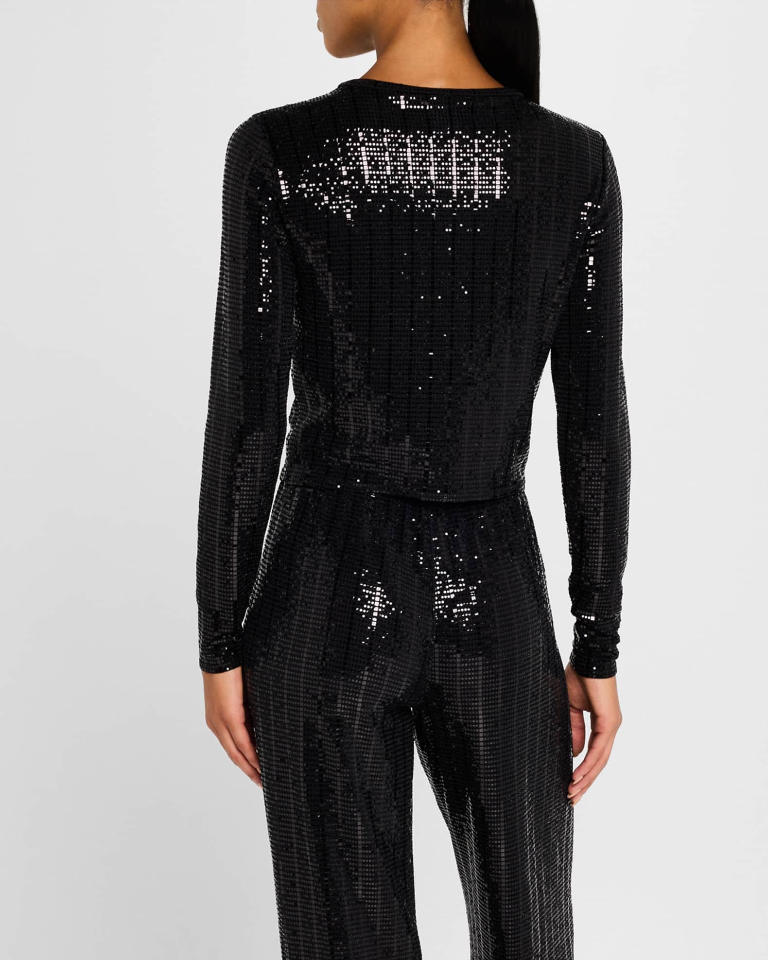 Alice + Olivia Delaina Sequined Long-Sleeve Crop Top | Neiman Marcus