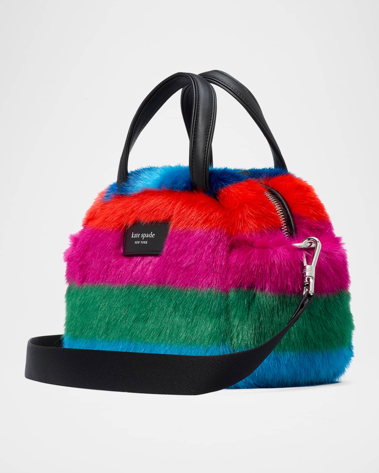 kate spade new york striped puff faux-fur top-handle bag | Neiman Marcus